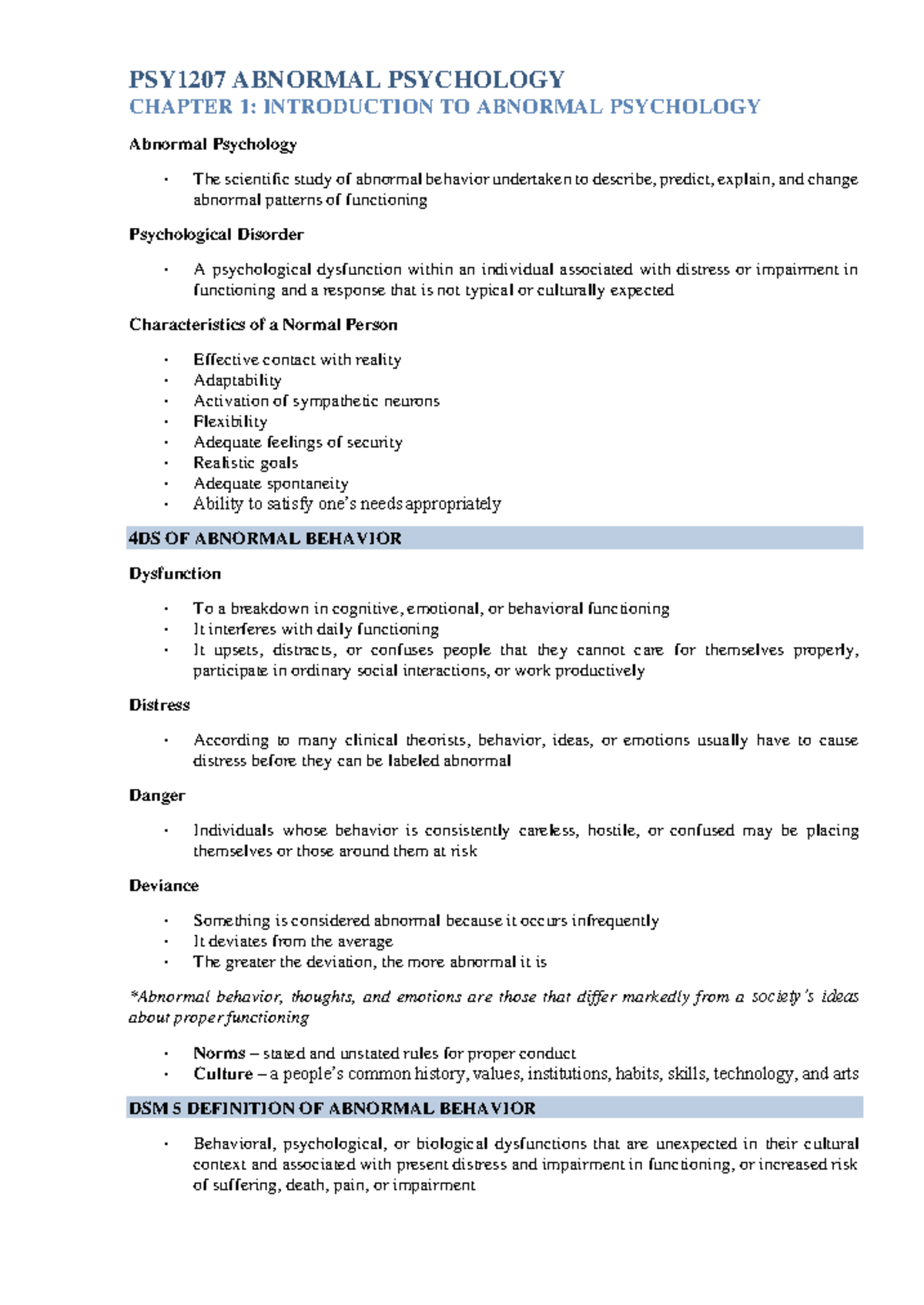 Chapter 1 - Introduction to Abnormal Psychology - PSY1207 ABNORMAL ...