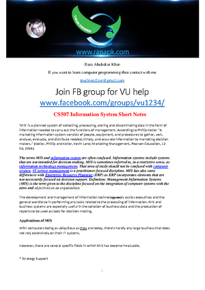 Cs507-Midterm past papers - CS507 - Information Systems Quiz # 02 Solved By Muhammad Afaaq - Studocu