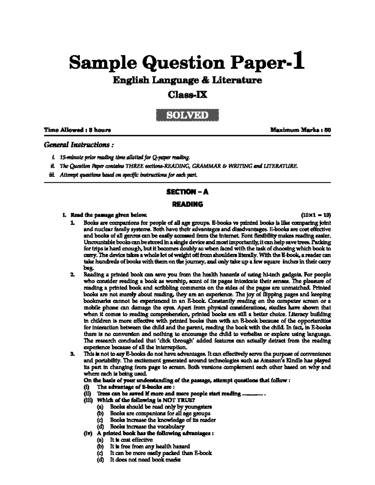Class IX English Lan Sample Question Paper-1 Question - ANIMATED VIDEOS ...