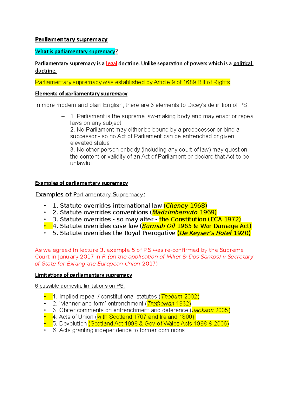Parliamentary supremacy - Unlike separation of powers which is a ...