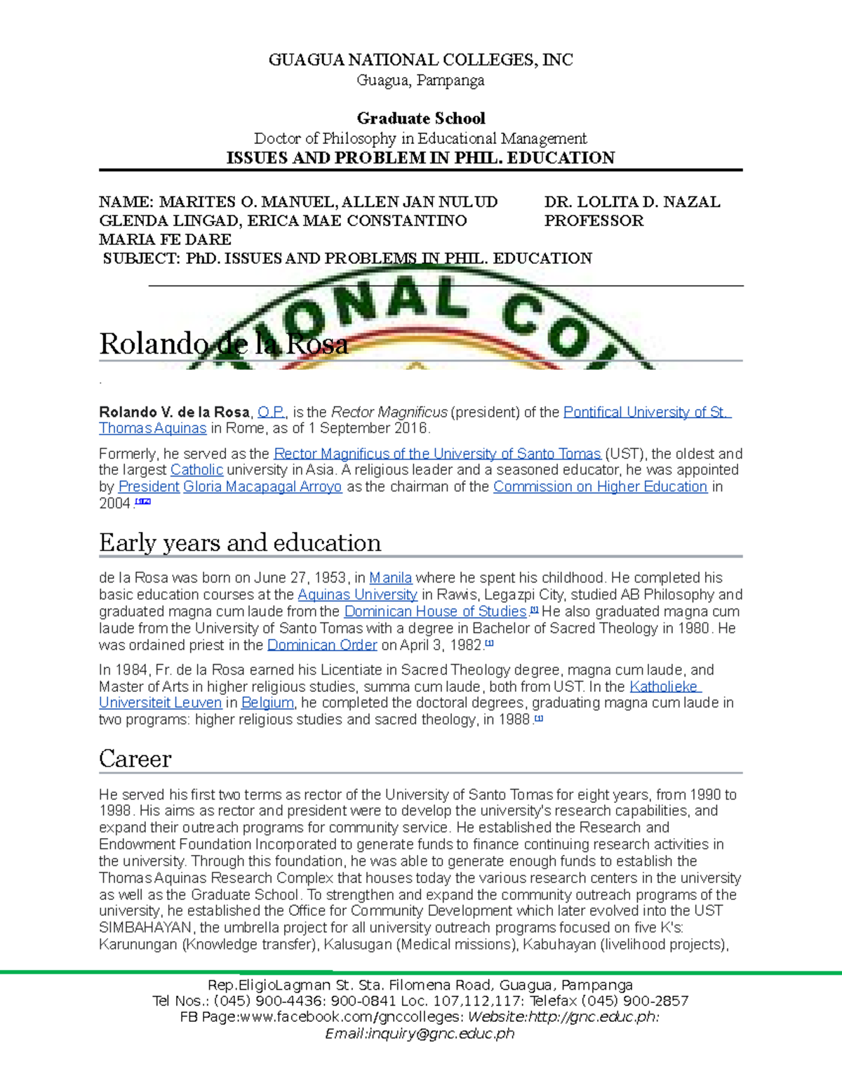 Issues AND Concern Written Report - GUAGUA NATIONAL COLLEGES, INC ...