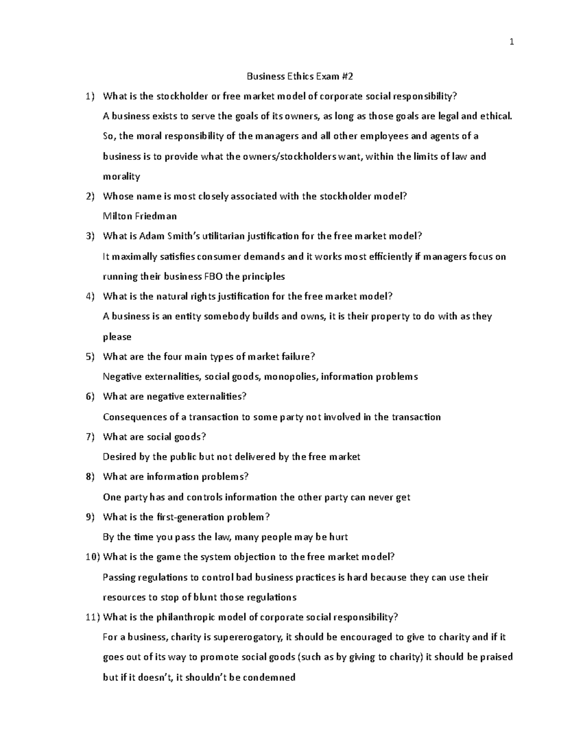 Business Ethics Exam 2 - So, the moral responsibility of the managers ...