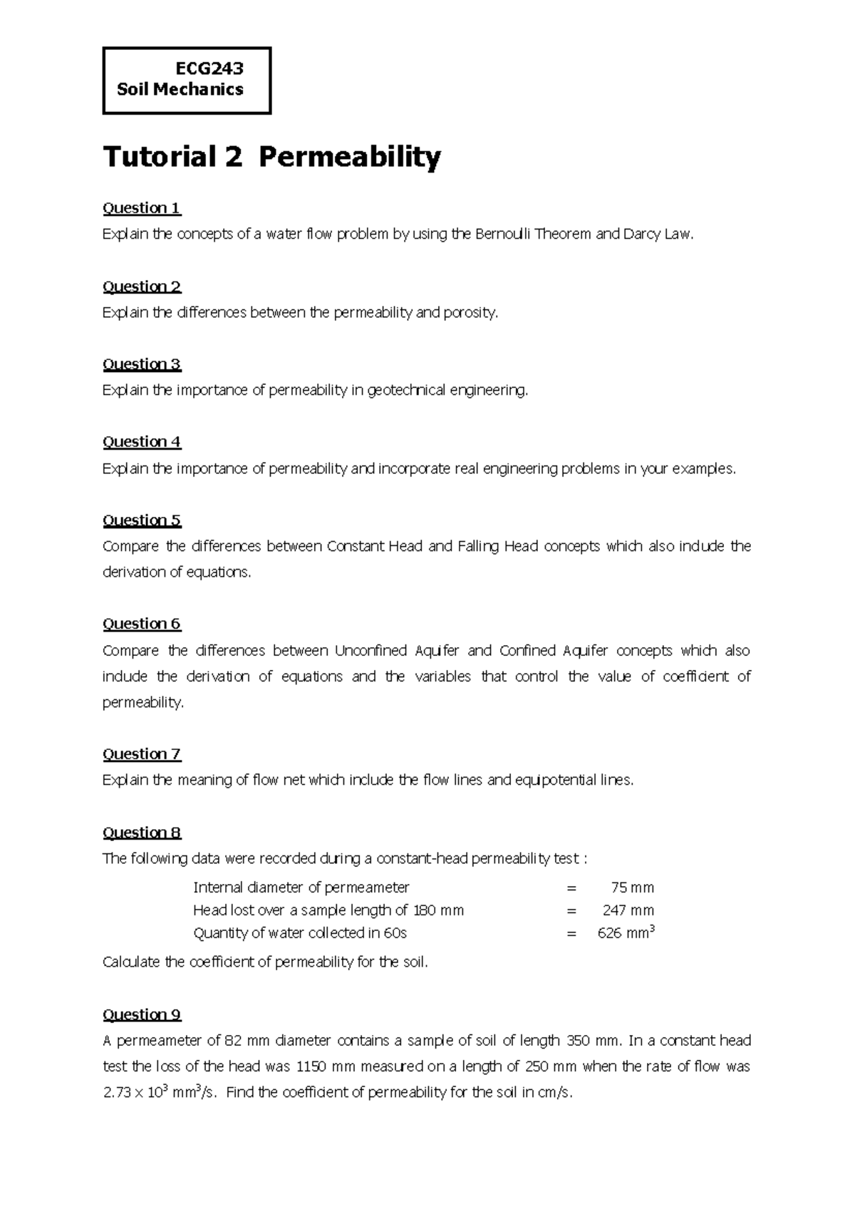 Tutorial ECG243 2 Permeability - Tutorial 2 Permeability Question 1 Explain the concepts of a ...