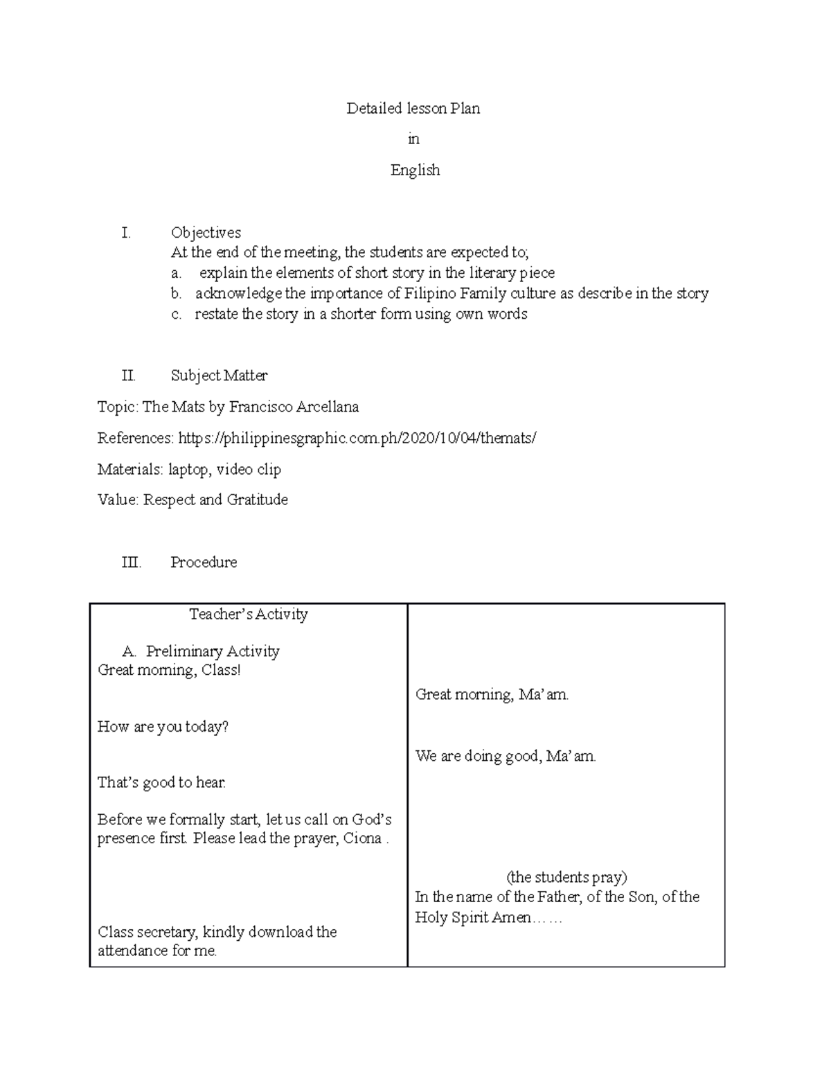The Mats Detailed Lesson Plan - Detailed lesson Plan in English I ...