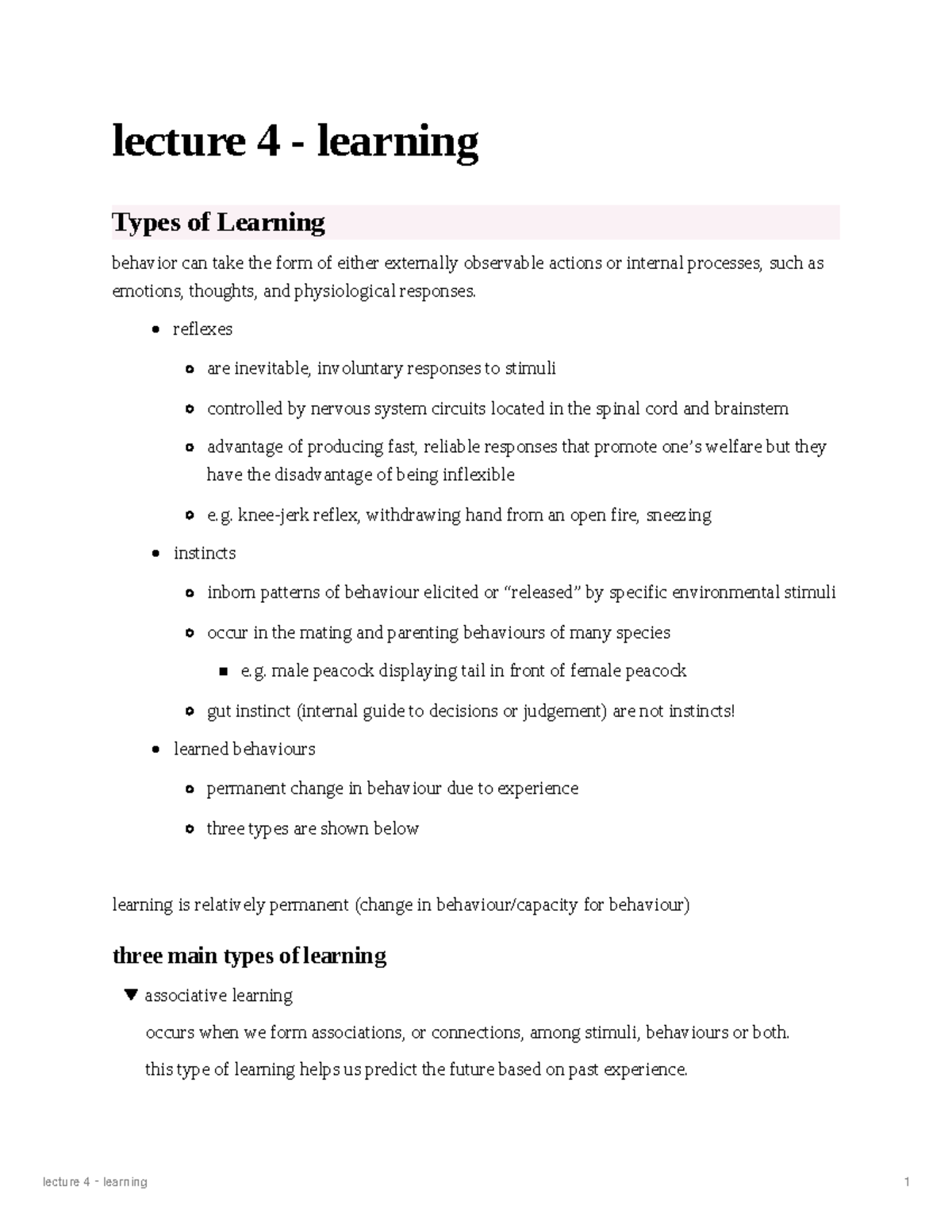L4 - Learning: How do we learn - lecture 4 - learning Types of Learning behavior can take the ...