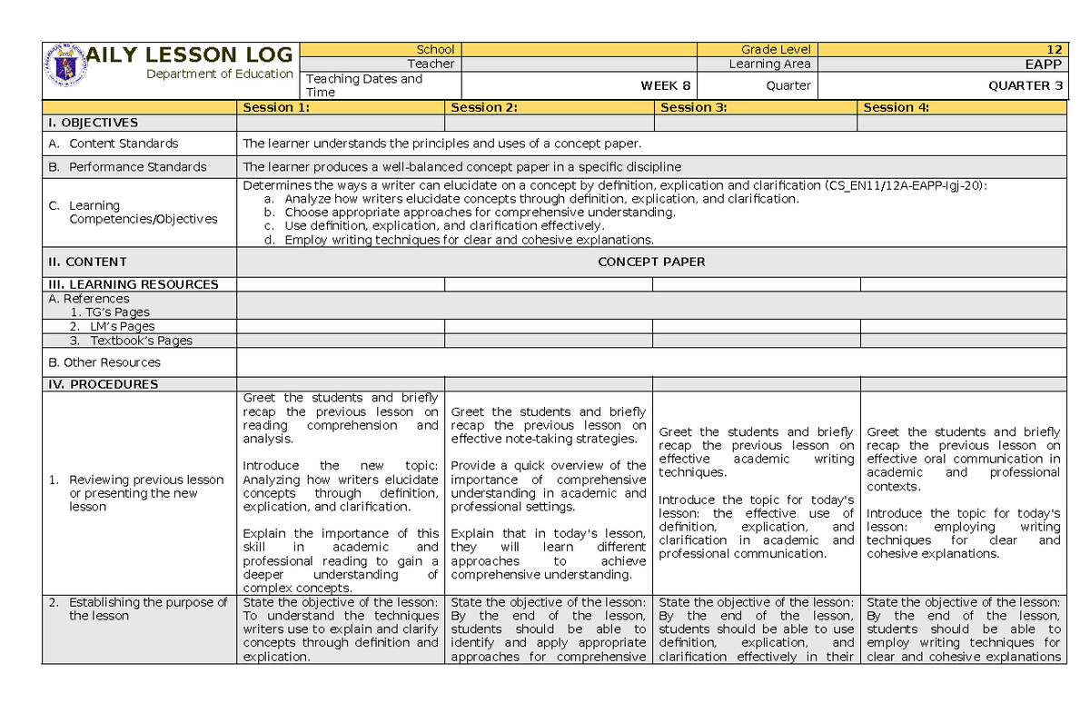 EAPP Quarter 3 WEEK8 - Daily Lesson Log - DAILY LESSON LOG Department ... EAPP Quarter 3 WEEK8 - Daily Lesson Log - DAILY LESSON LOG Department ...