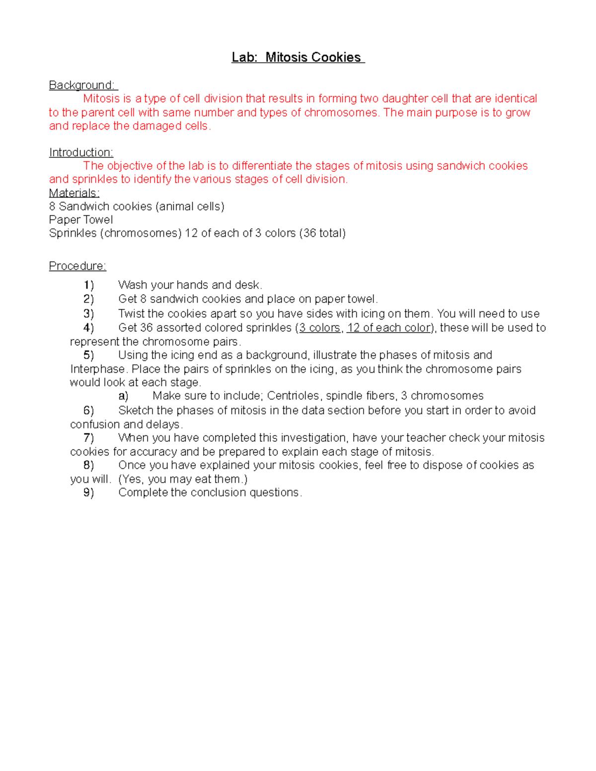Lab: Mitosis Cookies - notes - Lab: Mitosis Cookies Background: Mitosis ...