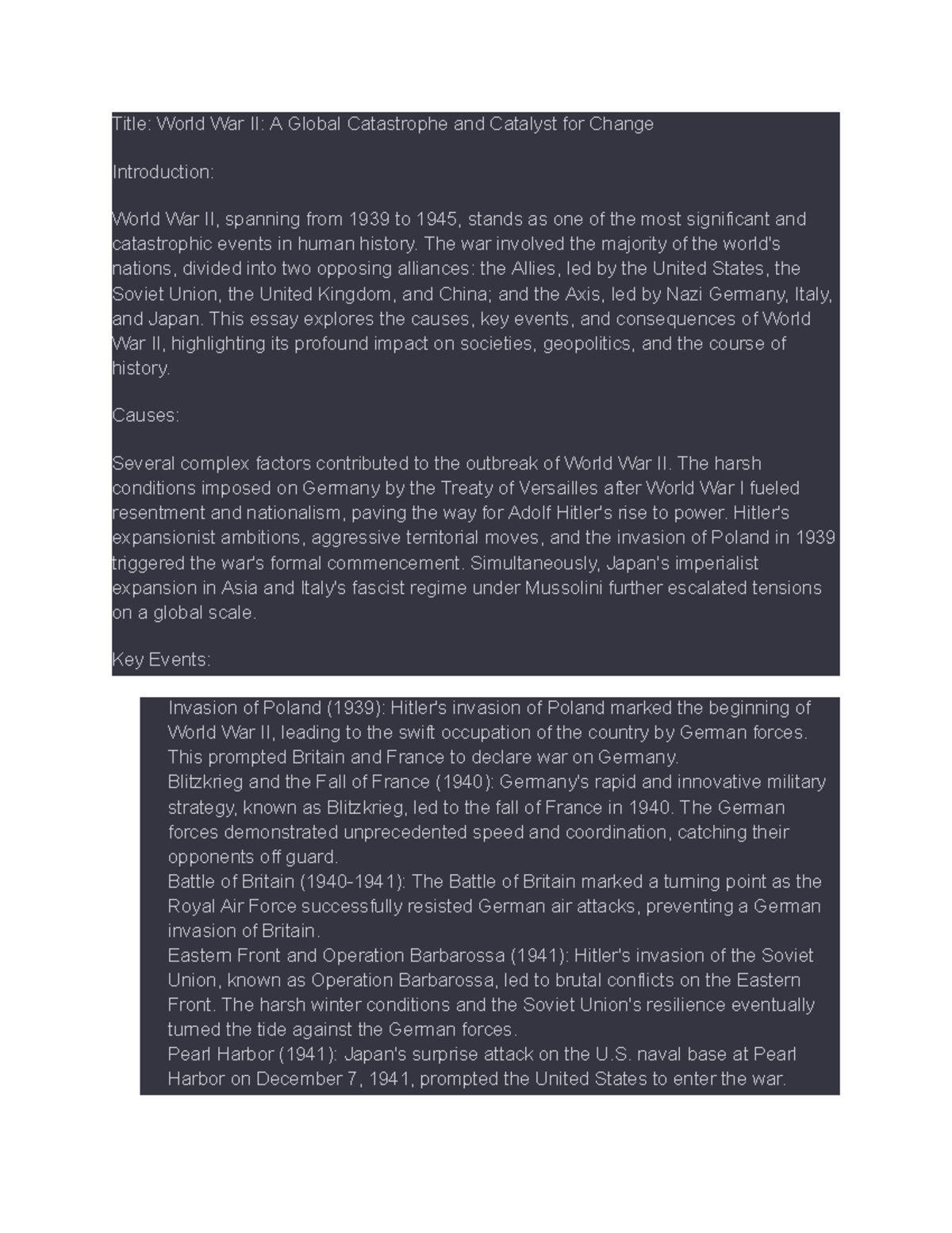 Title World War II A Global Catastrophe and Catalyst for Change - Title ...