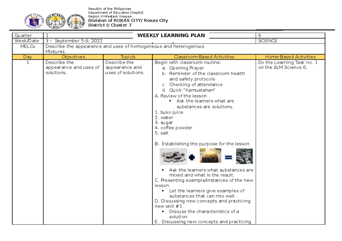 Weekly Learning PLAN Q1 W3 Science - Quarter 1 Grade Level 6 Week/Date ...