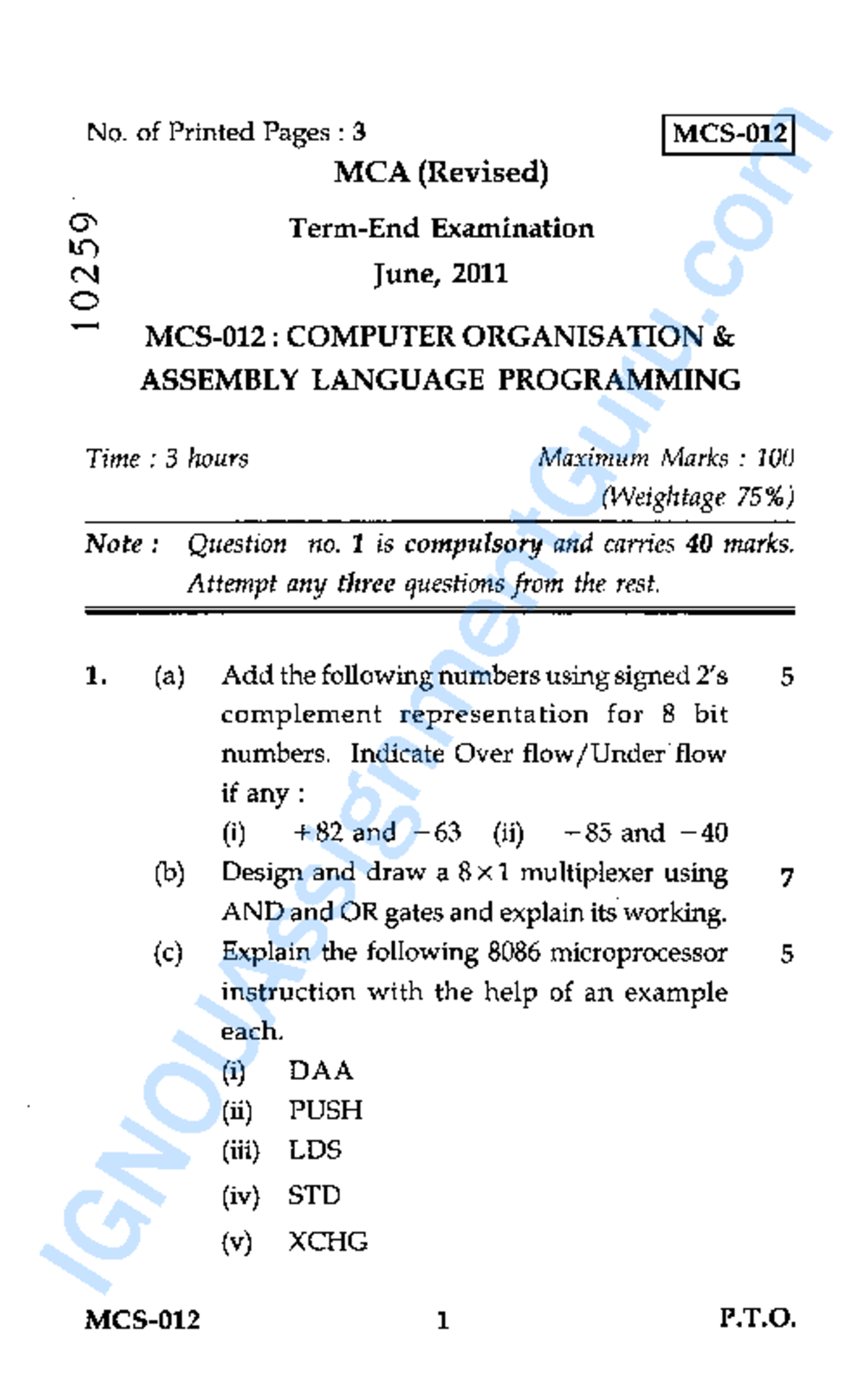 03. June 2011 MCS-012 Ignouassignment Guru - No. of Printed Pages : 3 MCS- MCA (Revised) tr ...