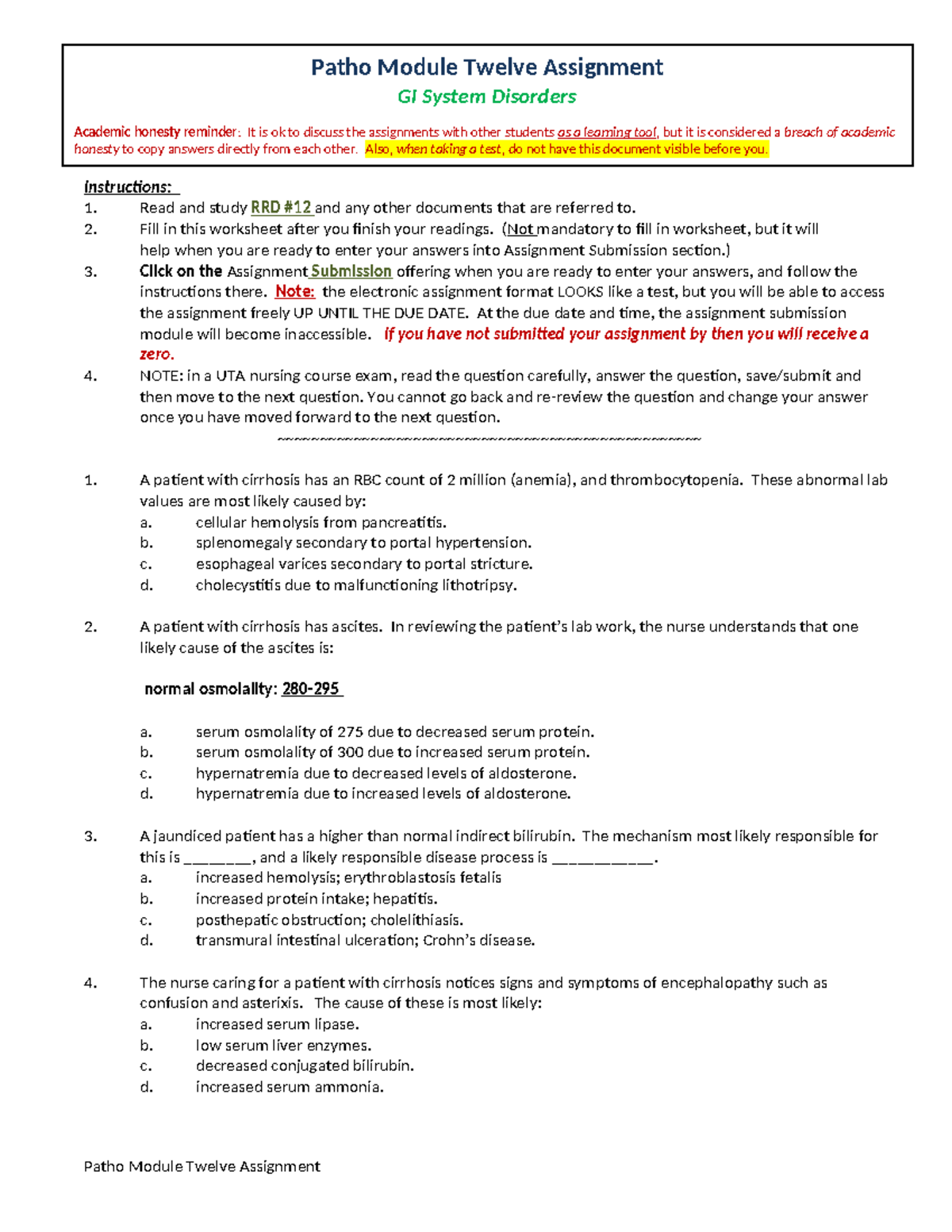 Patho Module Twelve Assignment - Instructions: 1. Read and study RRD #12 and any other documents ...
