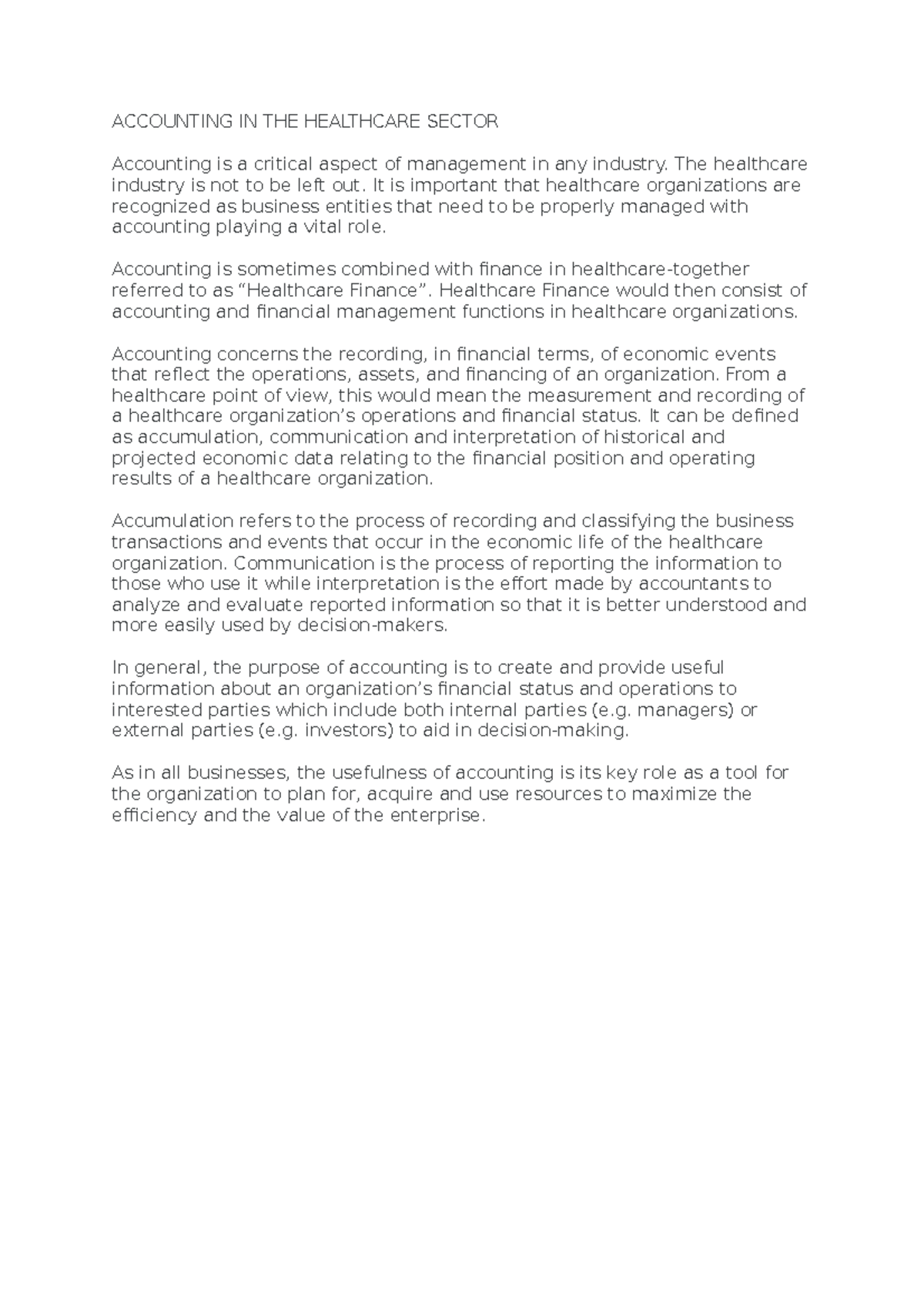 Accounting IN THE Healthcare Sector - ACCOUNTING IN THE HEALTHCARE ...