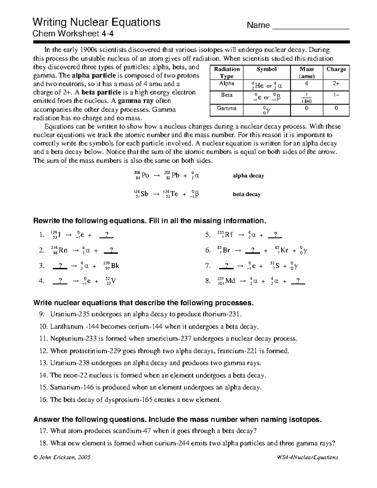 Nuclear Equations - © John Erickson, 2005 WS4-4NuclearEquations ...