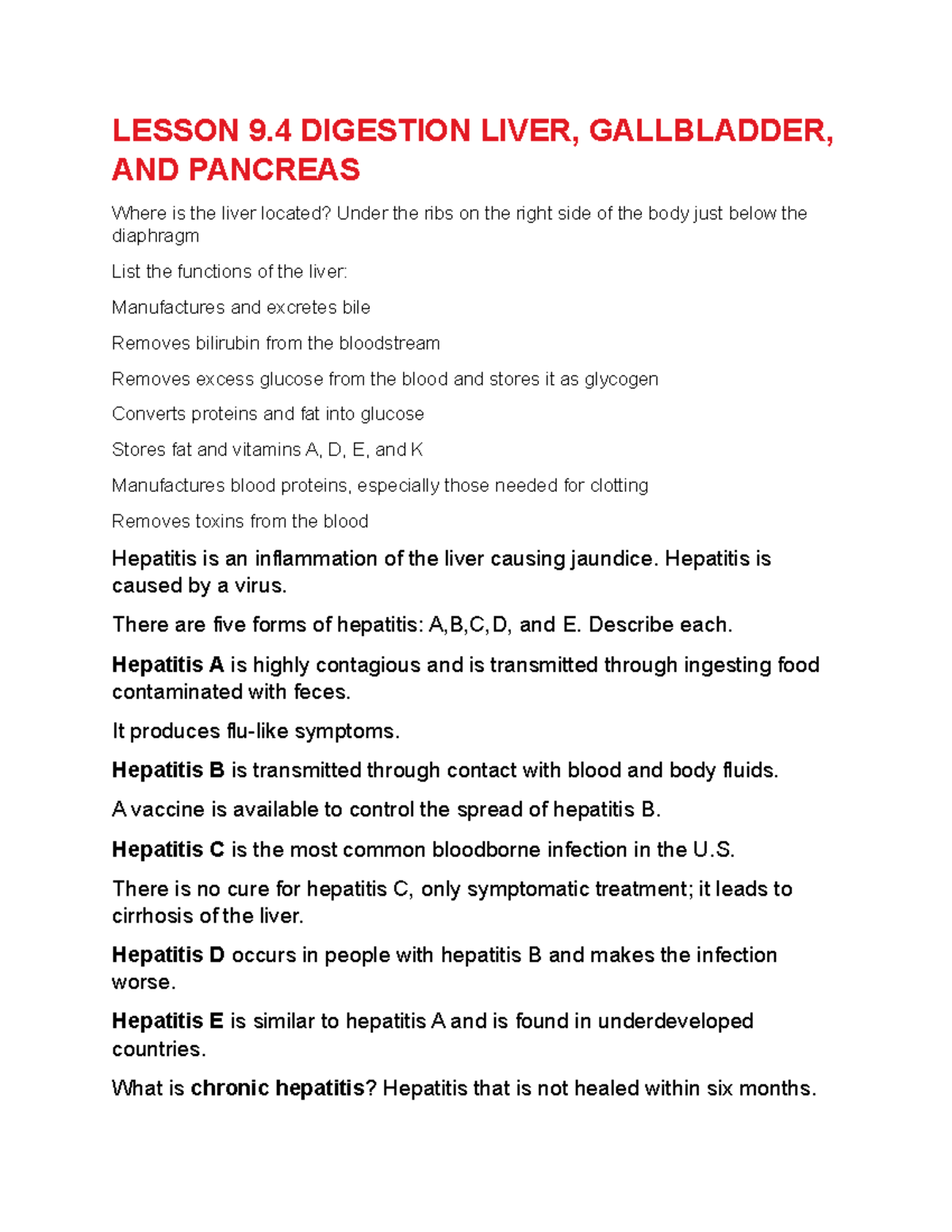 Lesson 9.4 Digestion Liver, Gallbladder, AND Pancreas - LESSON 9 ...