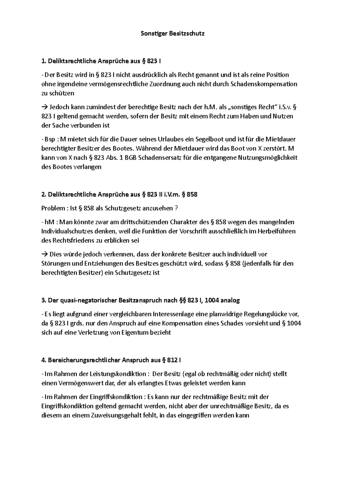 Schutz des Besitzers - Sonstiger Besitzschutz Deliktsrechtliche ...