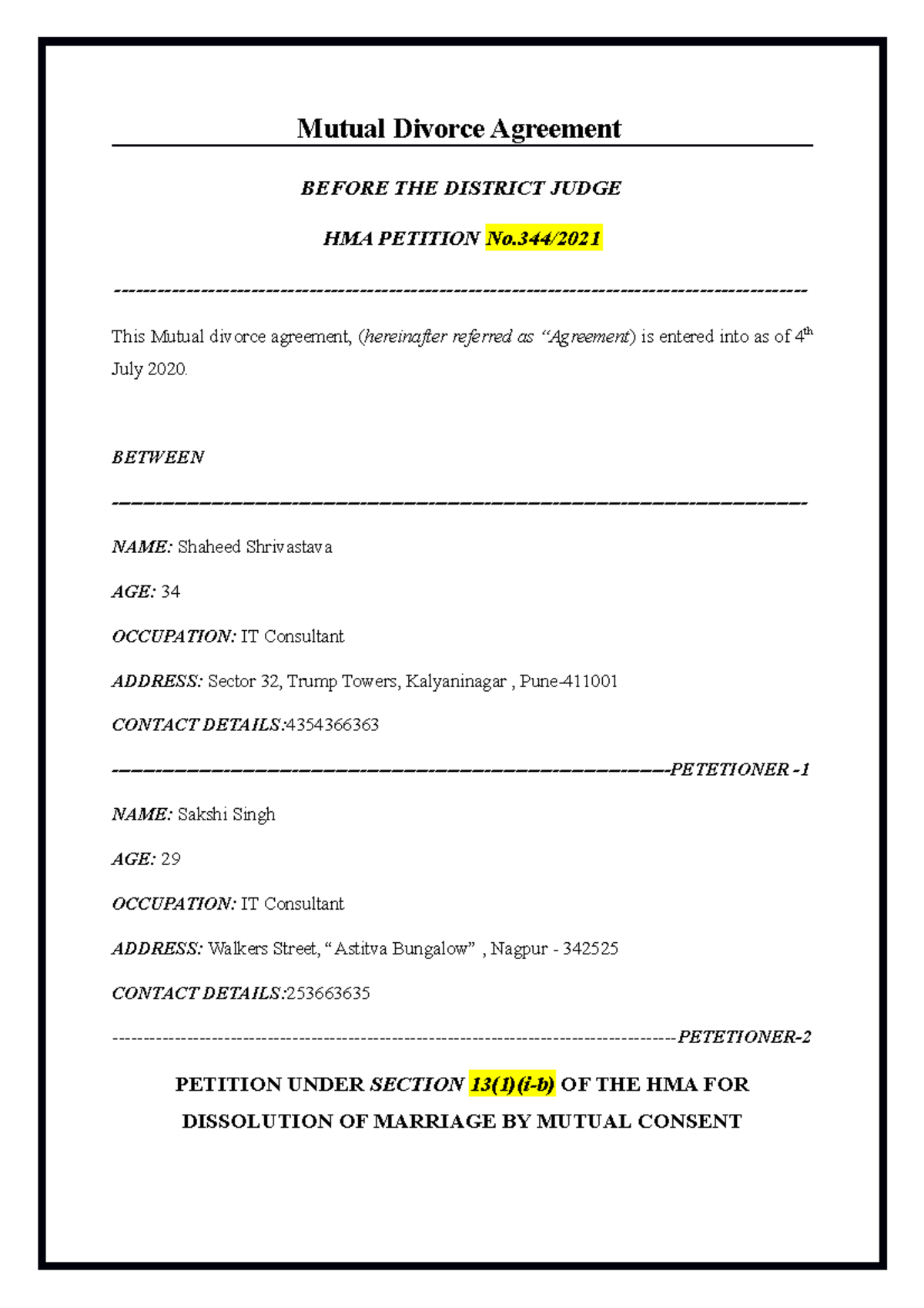 Mutual Divorce Agreement - Mutual Divorce Agreement BEFORE THE DISTRICT ...