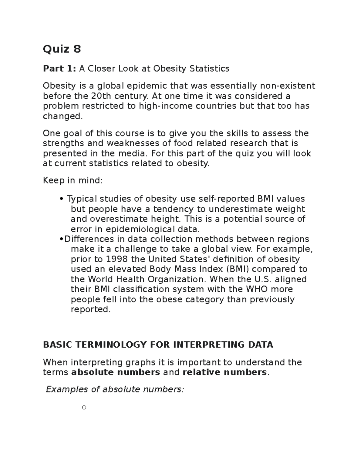 Quiz 8 - quiz - Quiz 8 Part 1: A Closer Look at Obesity Statistics ...