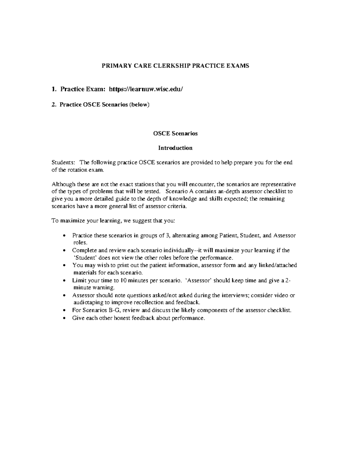 Practice-osce-scenarios - PRIMARY CARE CLERKSHIP PRACTICE EXAMS 1 ...