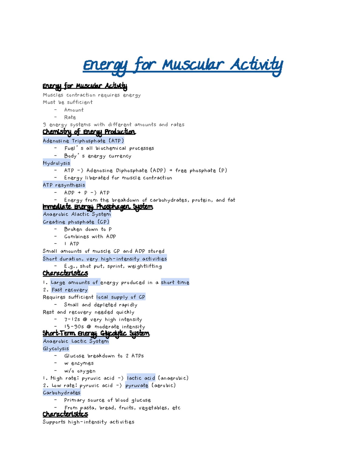 Foundations of Kinesiology pt. 2 - Energy for Muscular Activity Energy ...