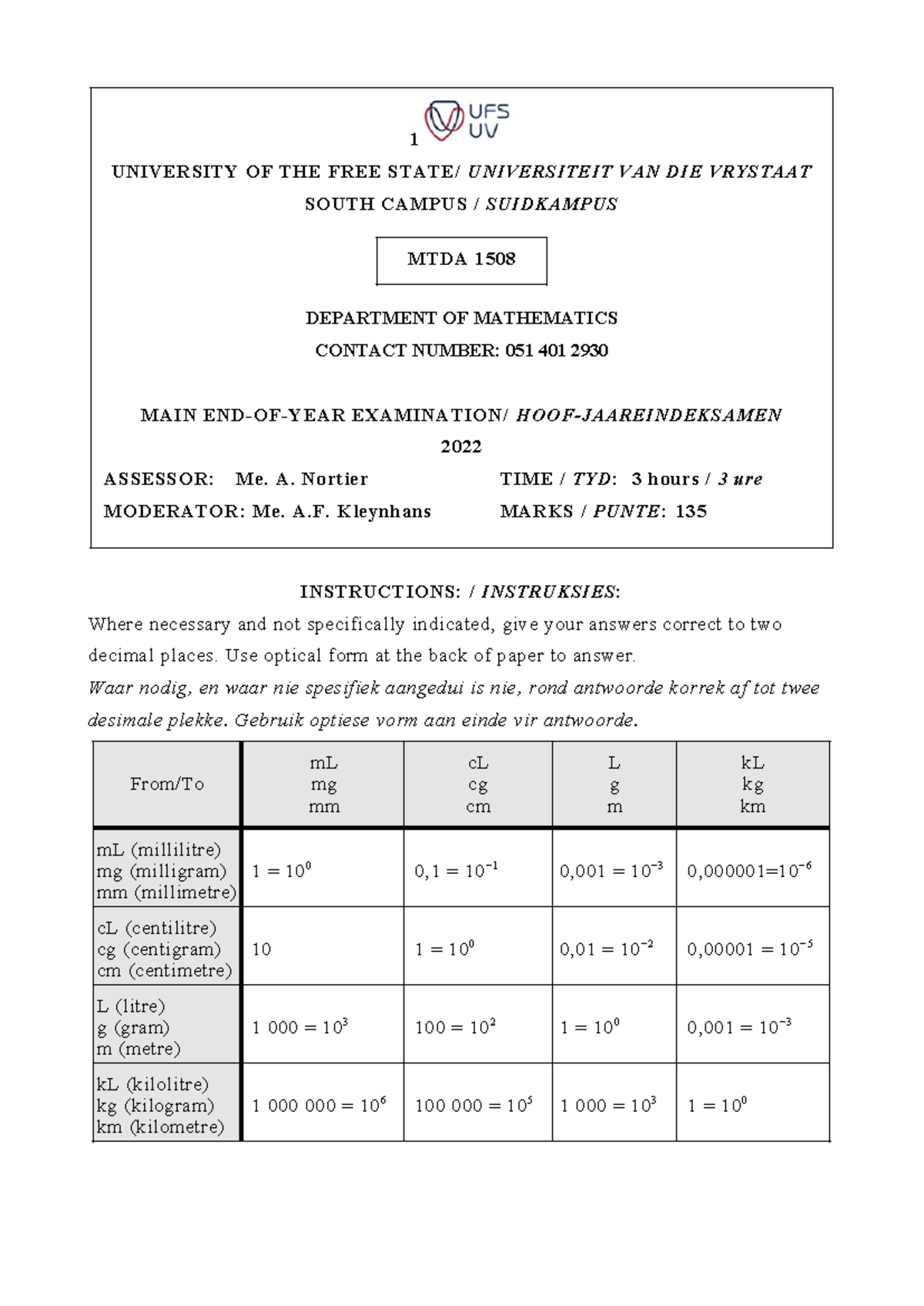 Exam 1 MTDA1508 3 - rehthtehfgdf - 1 UNIVERSITY OF THE FREE STATE ...