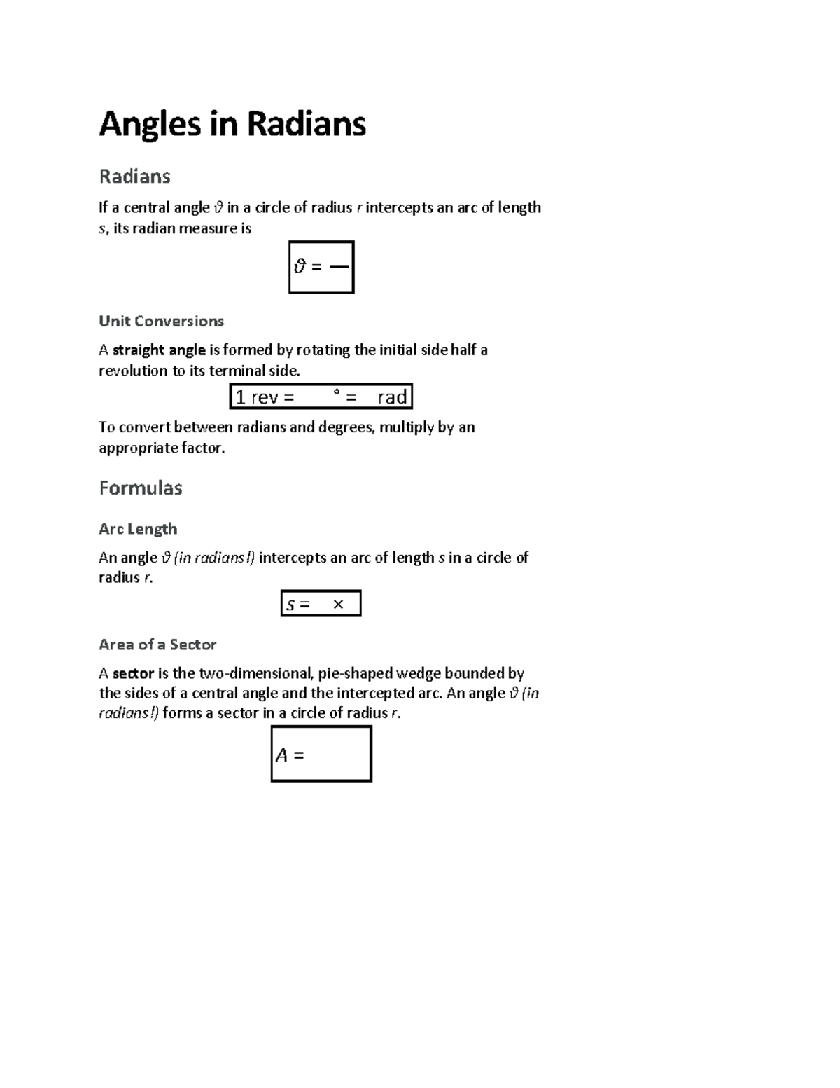 Exam 1 Guided Notes-2 - Angles in Radians Radians If a central angle θ ...