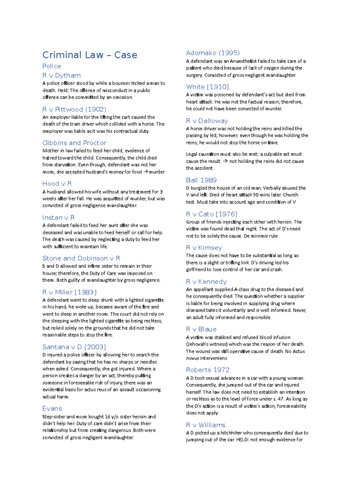 Criminal Law - Cases - Case law notes - Criminal Law – Case Police R v ...