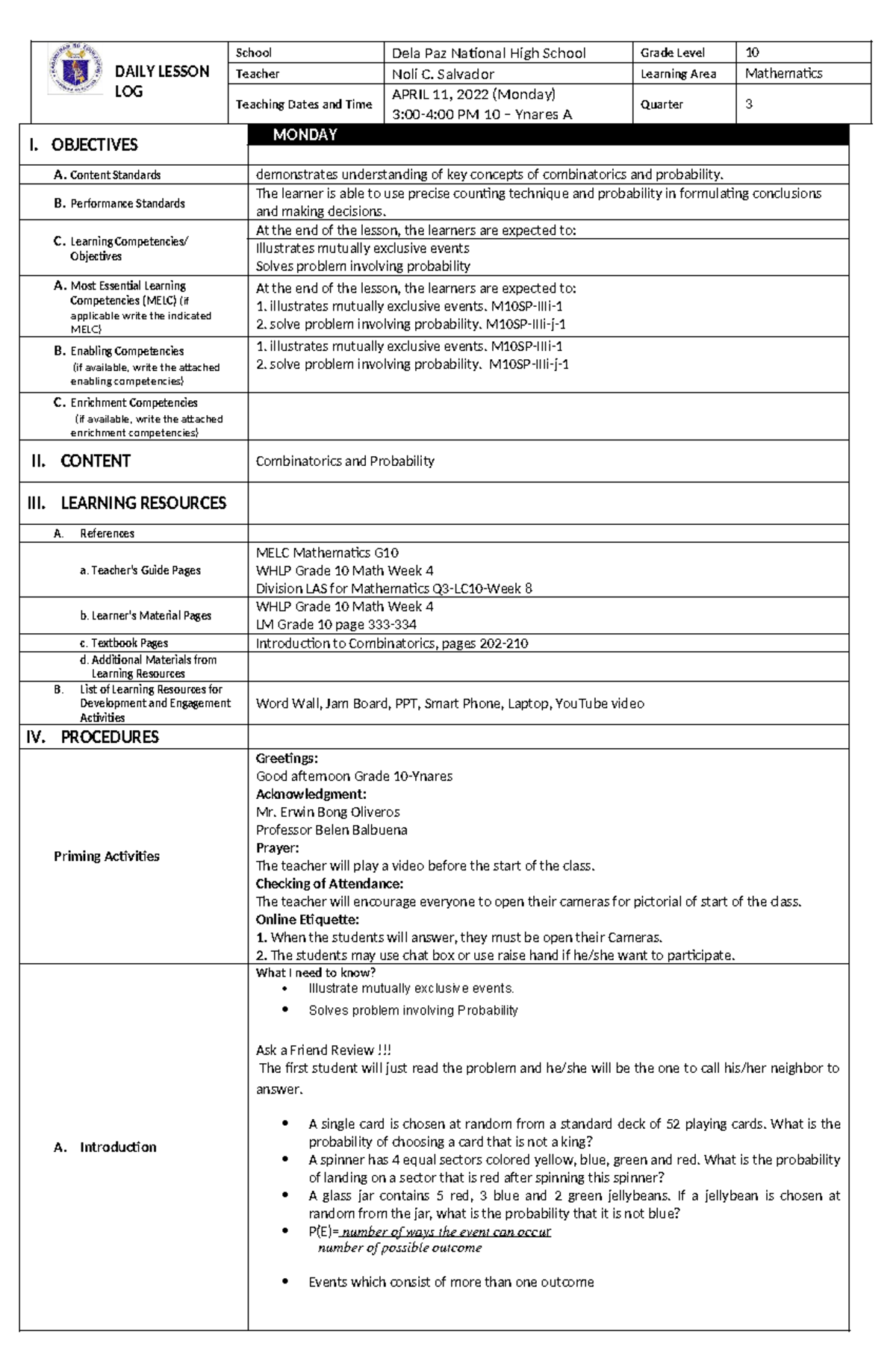 Lesson Plan - Math - DAILY LESSON LOG School Dela Paz National High ...