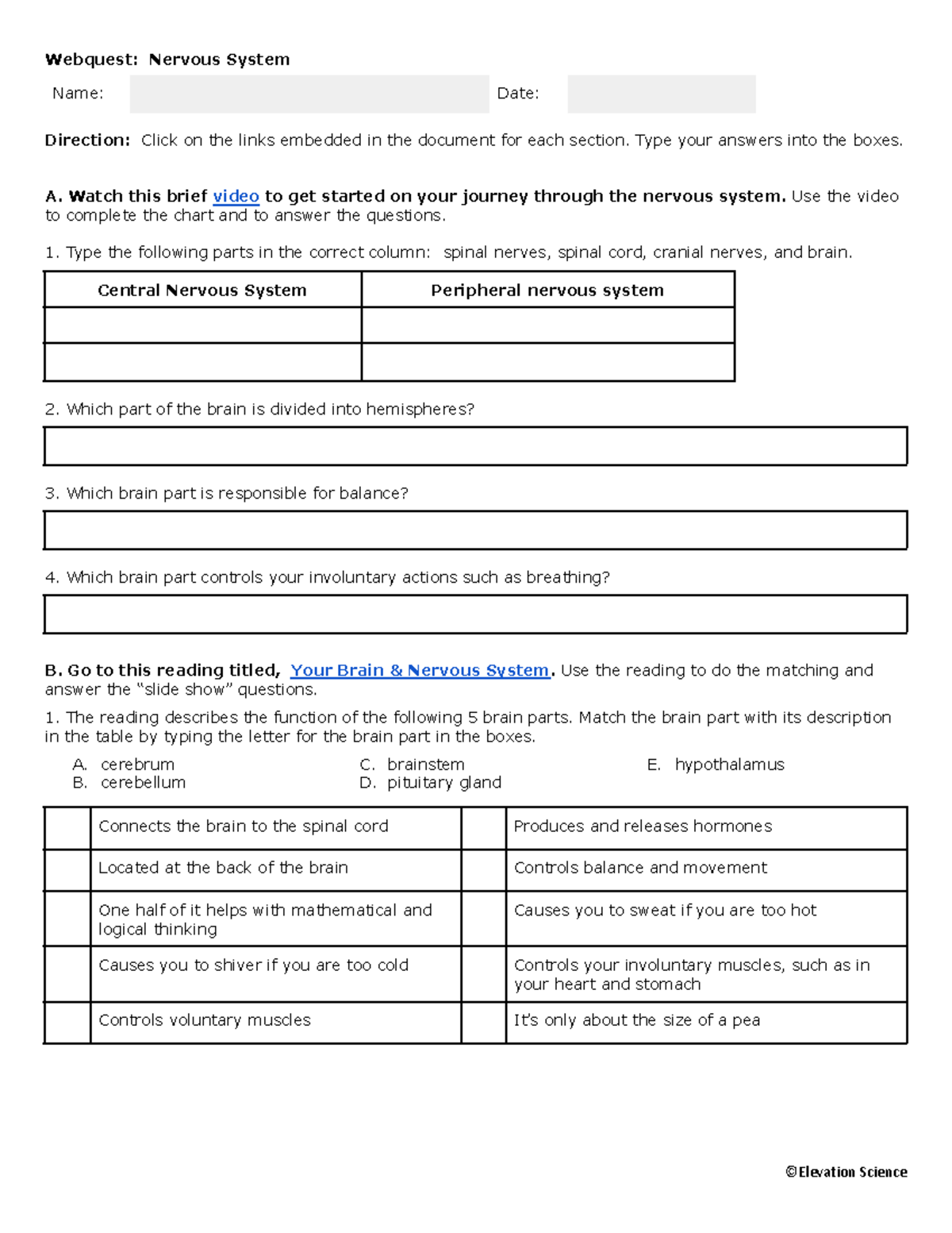 Nervous System Web Quest-Students - Webquest: Nervous System Name: Date ...