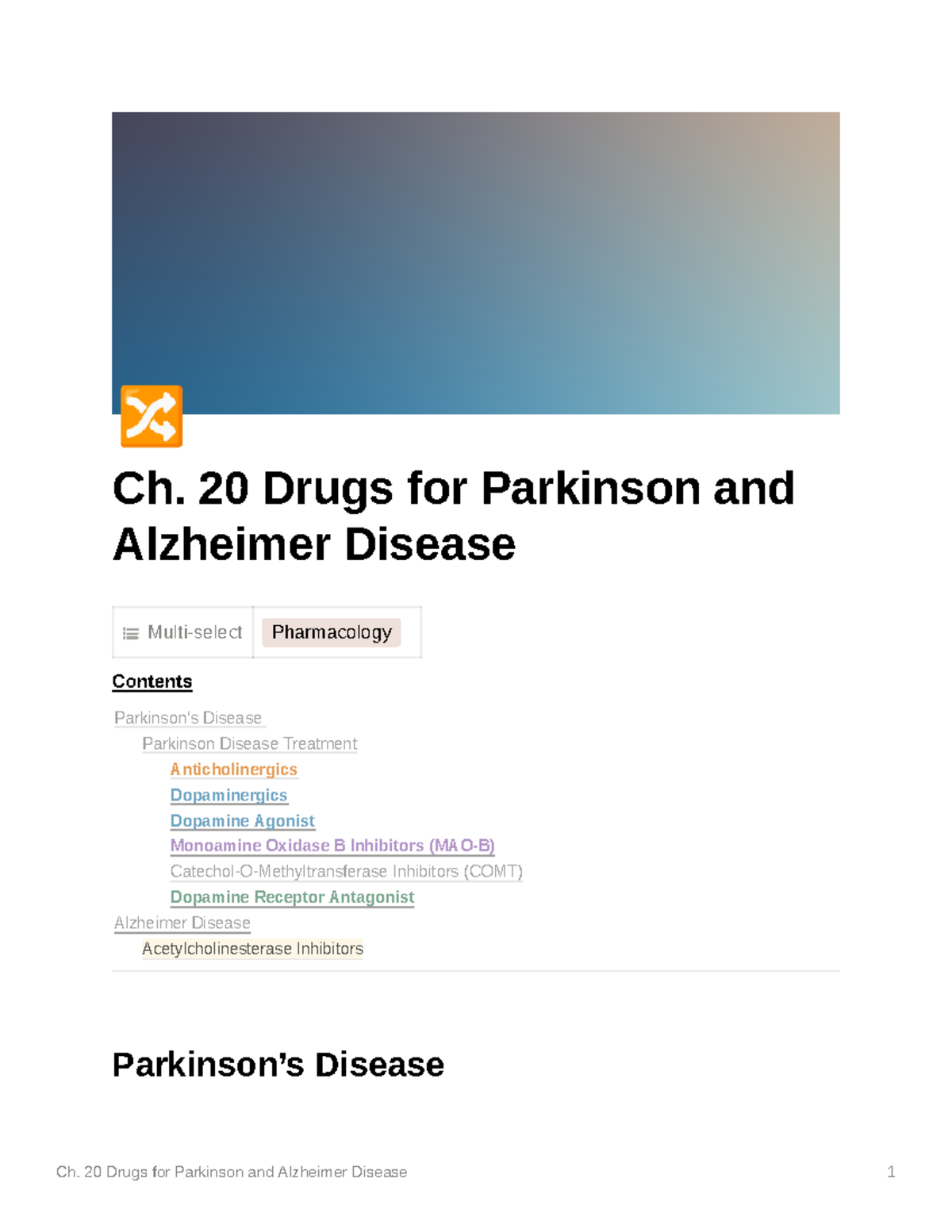 Ch. 20 Drugs for Parkinson and Alzheimer Disease - í Ch. 20 Drugs for ...
