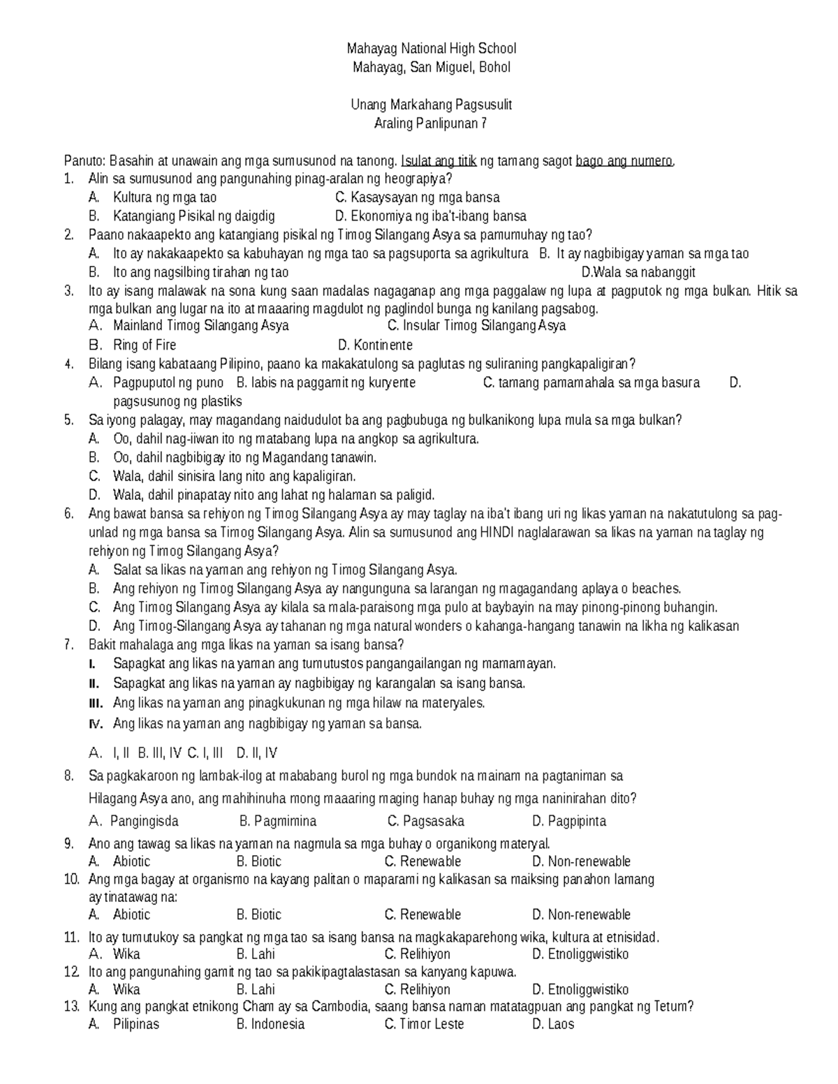 AP 7 - AP 7 1ST QUARTER EXAM - Mahayag National High School Mahayag, San Miguel, Bohol Unang ...