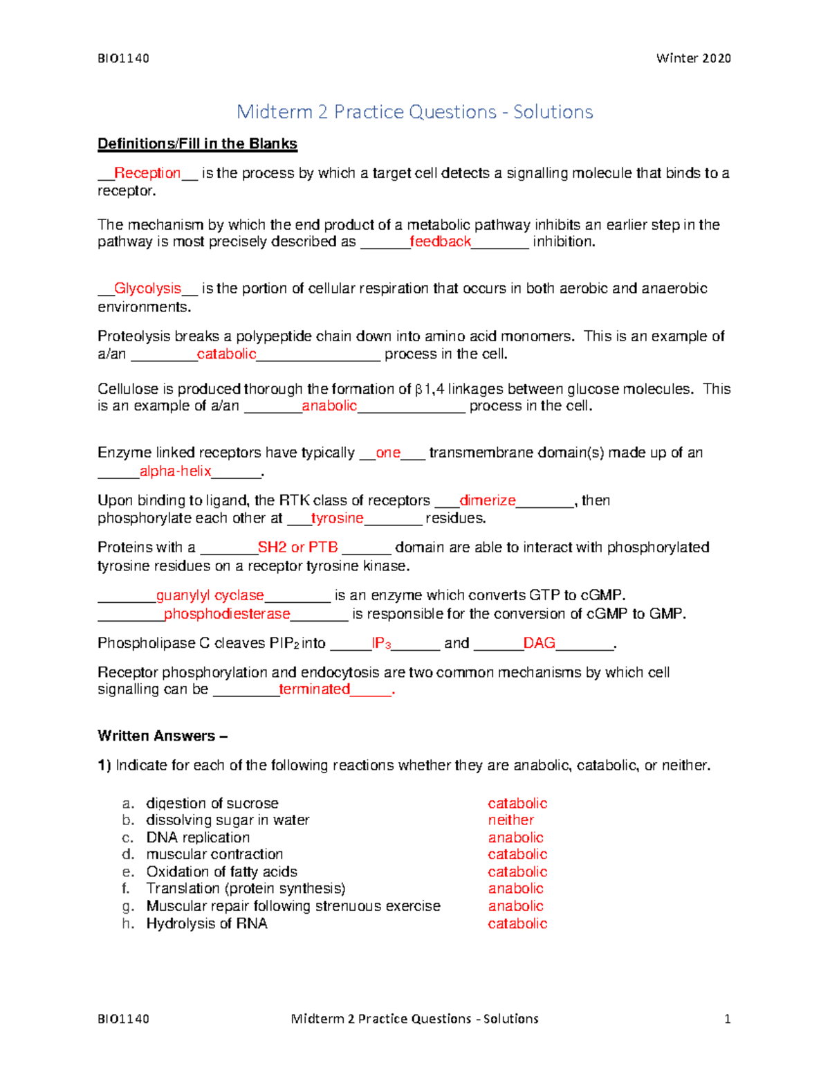 BIO1140 MT2 practice questions- Master 2020B - Midterm 2 Practice Questions - Solutions - Studocu