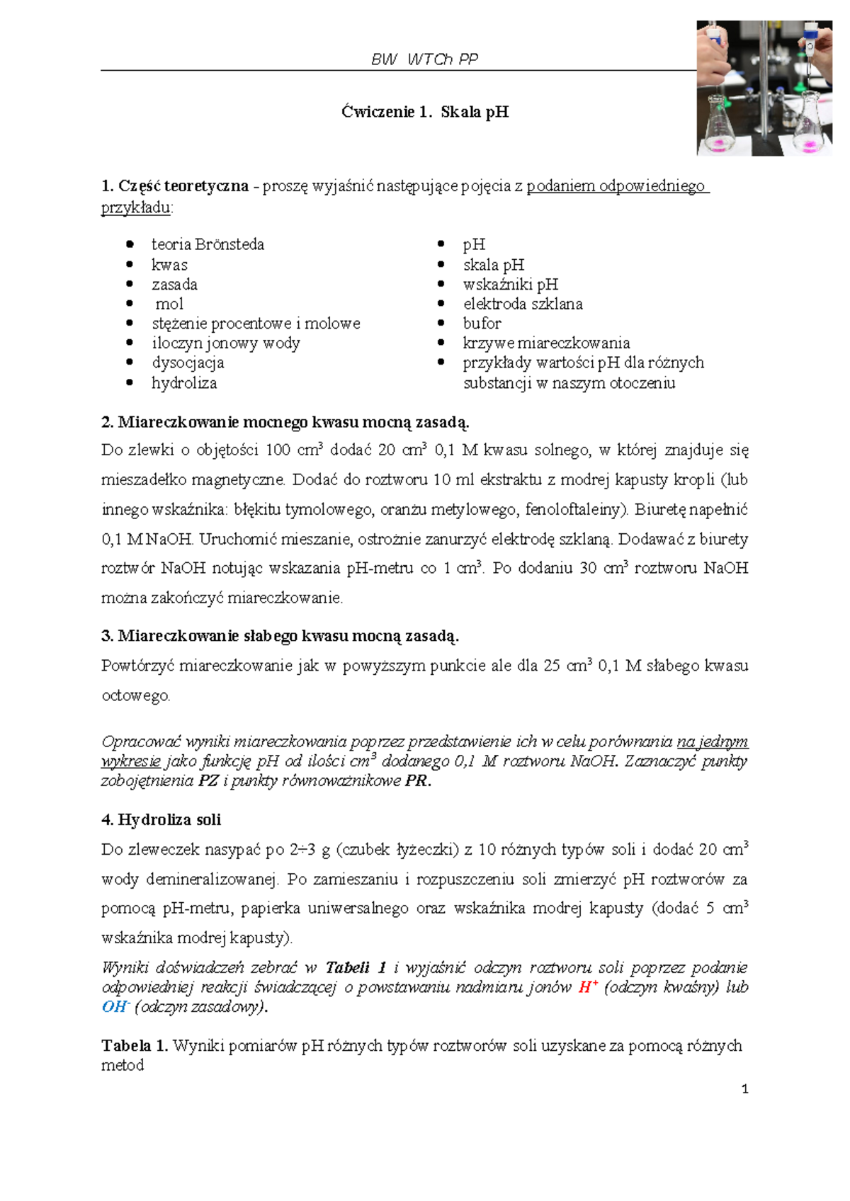 1a -Ćw Skala p H i hydroliza soli-BW - BW WTCh PP Ćwiczenie 1. Skala pH Część teoretyczna ...