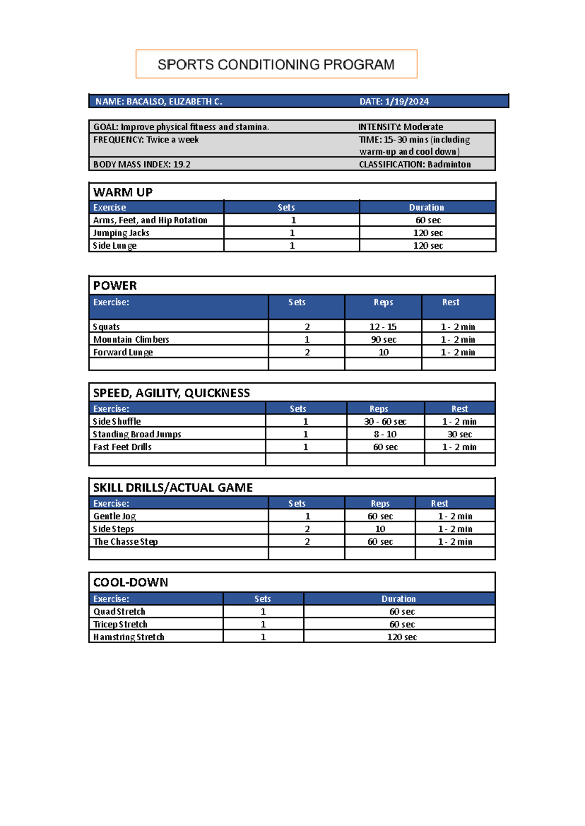PED 031 Sports Conditioning Program - SPORTSs NAME: BACALSO, ELIZABETH ...
