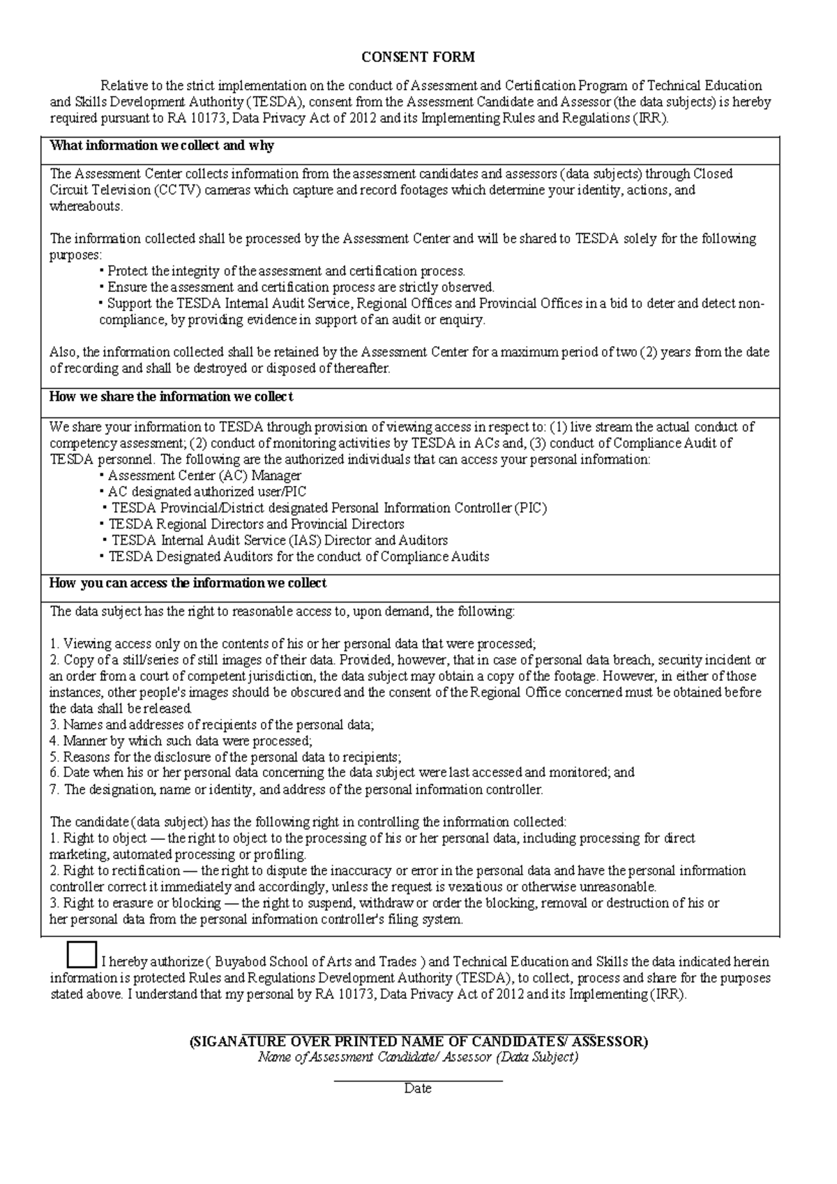 Consent FORM - CONSENT FORM Relative to the strict implementation on ...