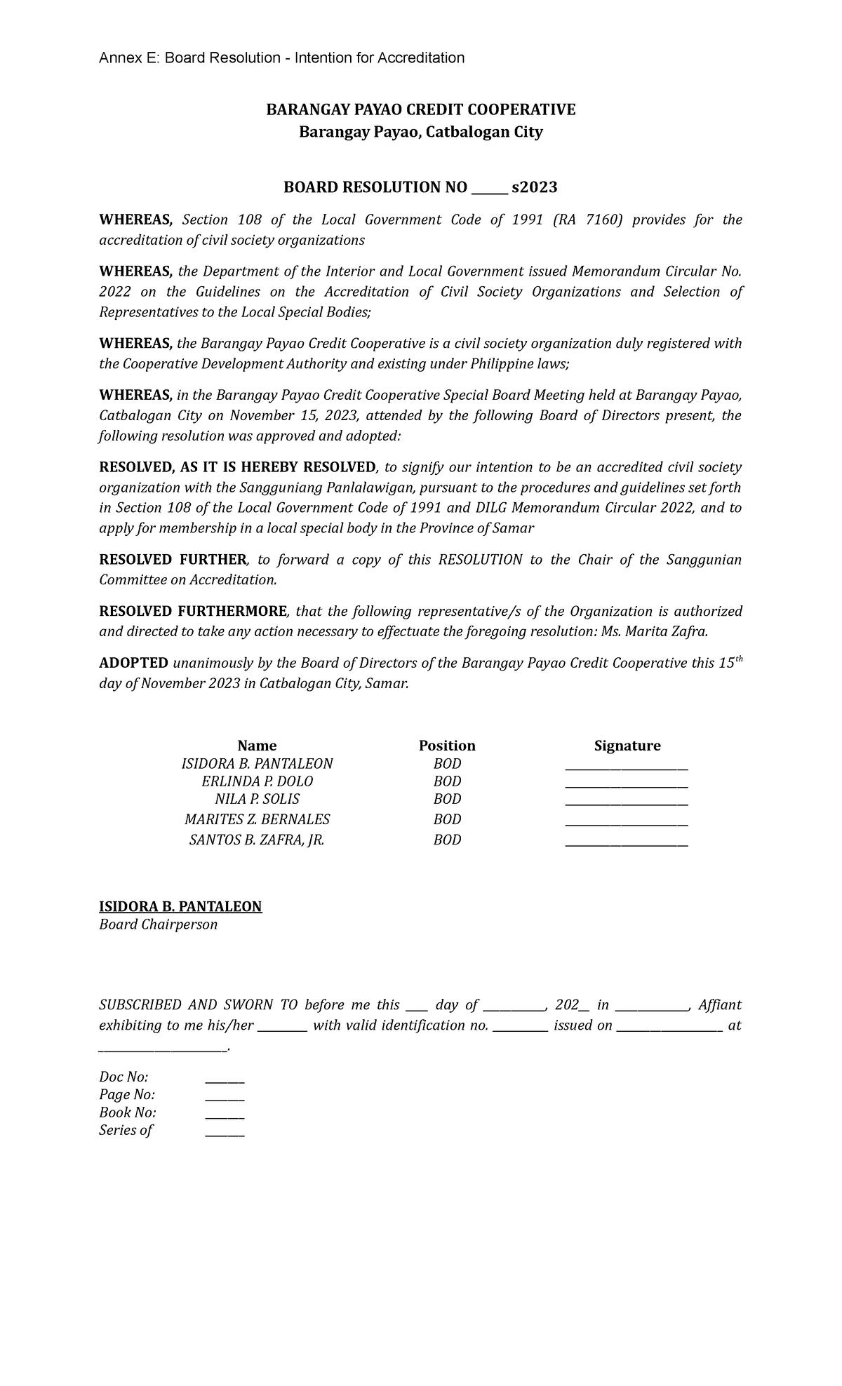 Annex E CSO Board Resolution - Annex E: Board Resolution - Intention ...