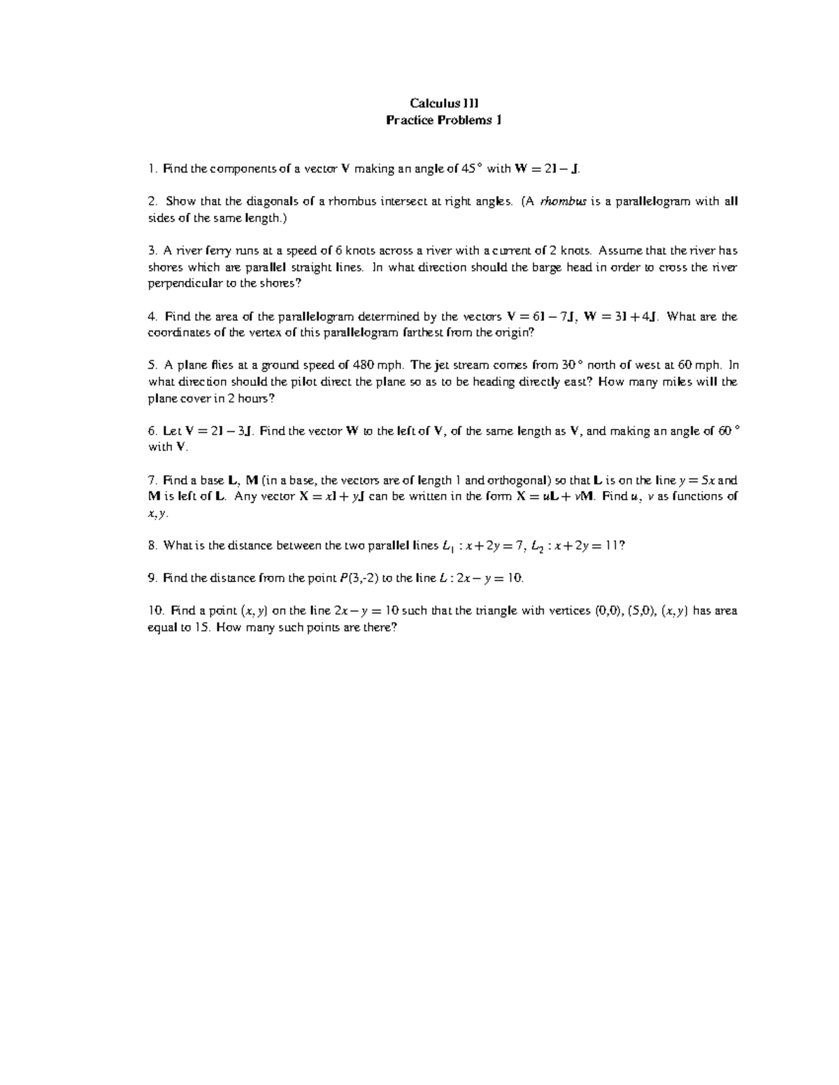 Probs 1 - Extra practice for test1 - Practice Problems 1Calculus III 1 ...