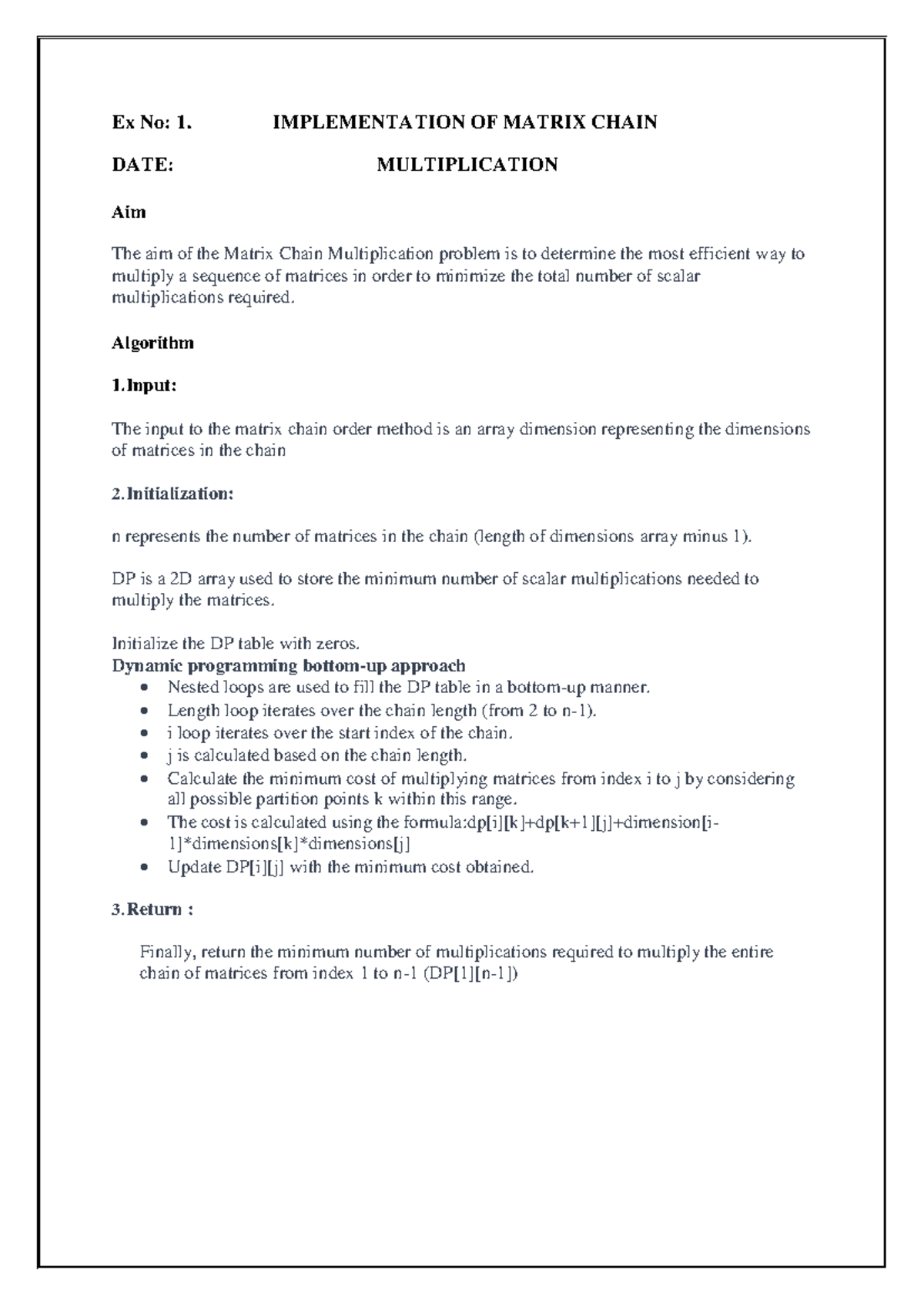 ADSA LAB Manual 22 - Ex No: 1. IMPLEMENTATION OF MATRIX CHAIN DATE ...