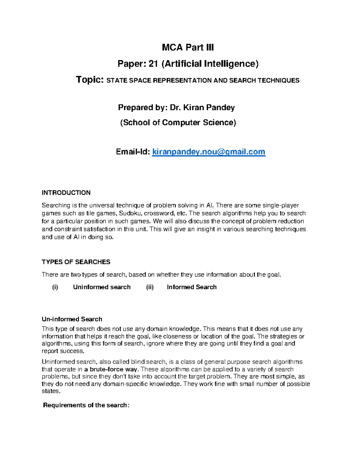AI 5TH AND 6TH - question anwer - MCA Part III Paper: 21 (Artificial Intelligence) Topic: STATE ...