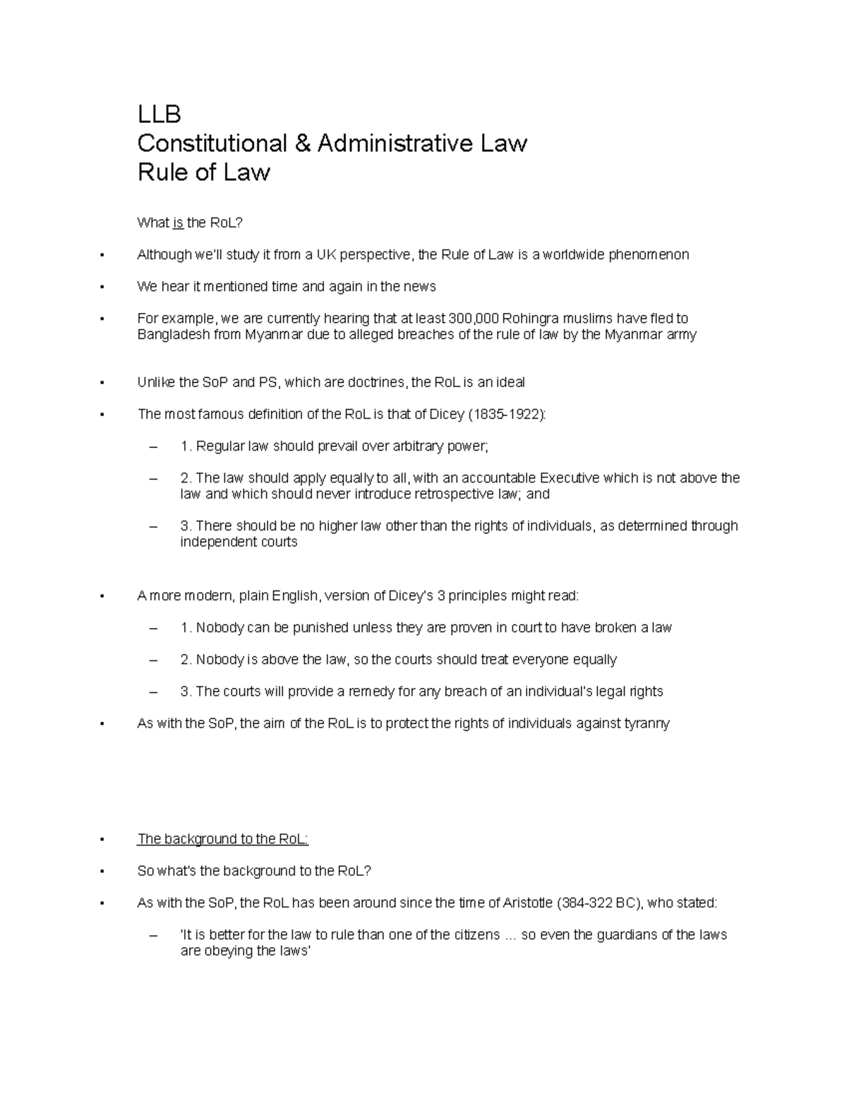 Rule of law - Rule of law lecture notes - LLB Constitutional ...