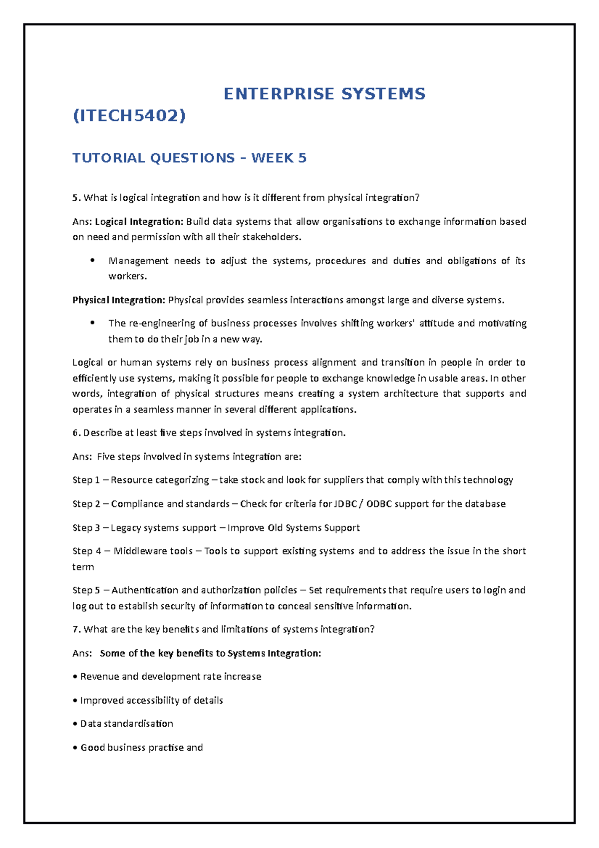 Tutorial questions W5 - ENTERPRISE SYSTEMS (ITECH5402) TUTORIAL ...