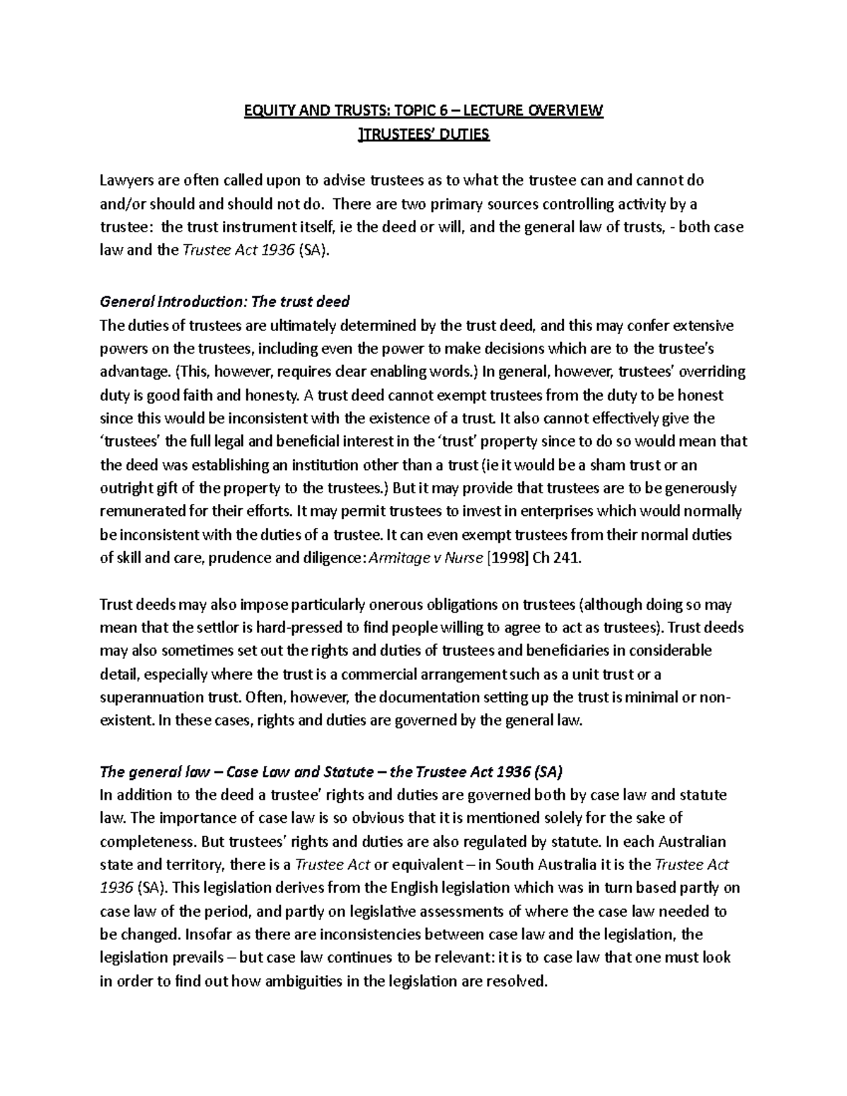 Topic 6 Summary lecture notes (Trustee Duties) - EQUITY AND TRUSTS ...