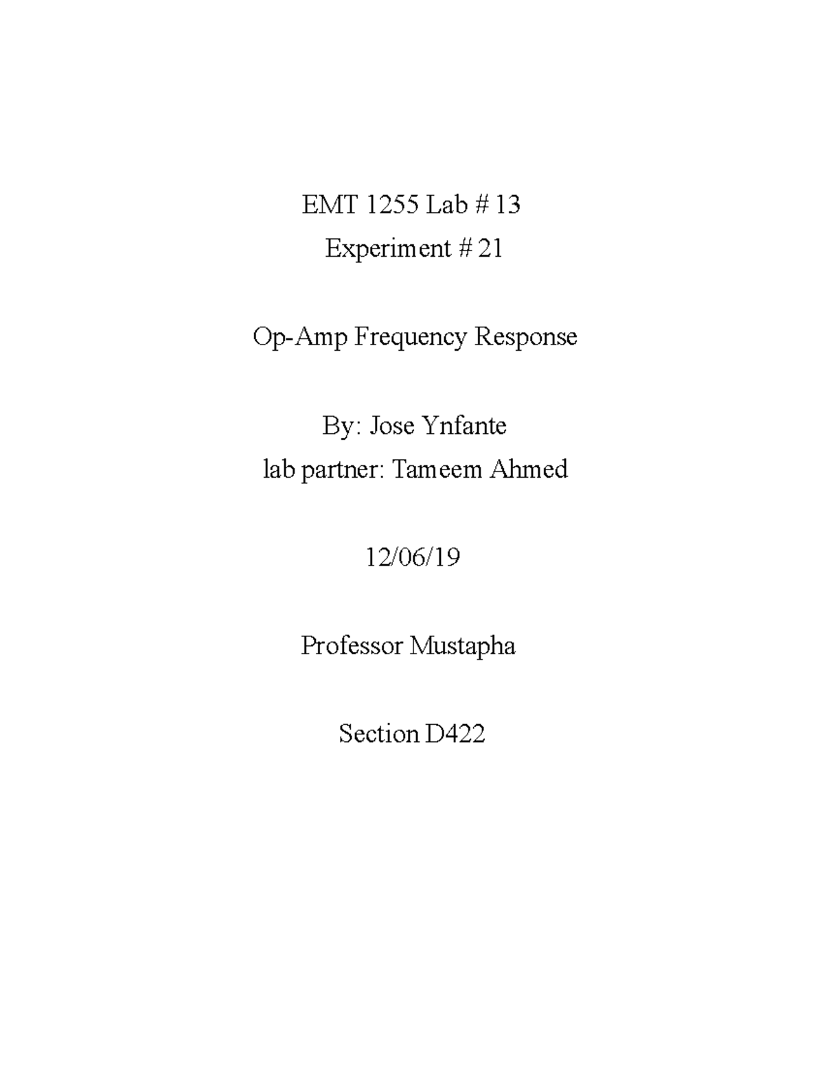 EMT 1255 Lab 13 exp 21 - EMT 1255 Lab # 13 Experiment # 21 Op-Amp ...