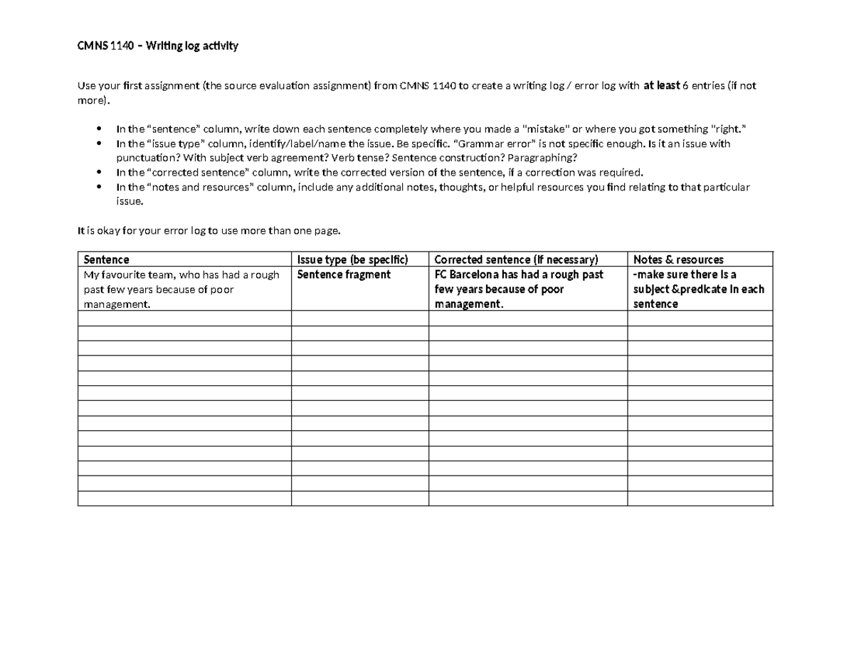 Writing Log - In the “sentence” column, write down each sentence ...