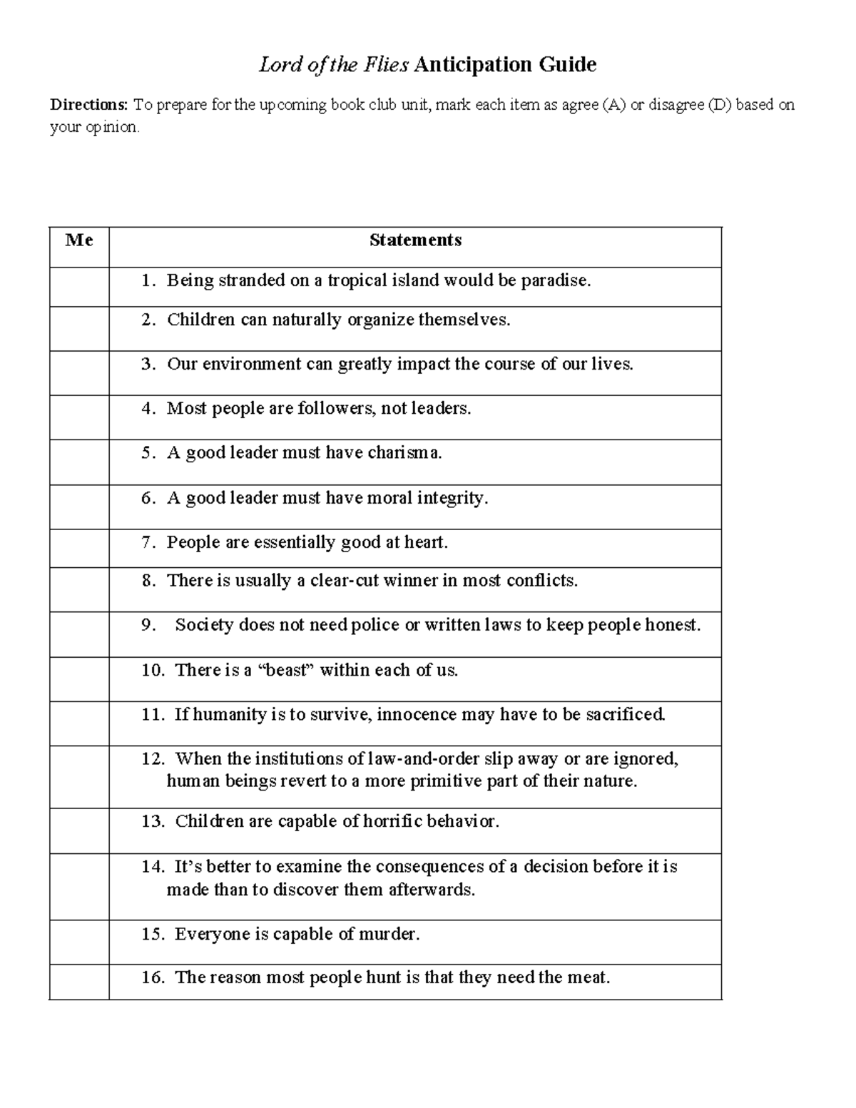 LOTF Anticipation Survey - Lord of the Flies Anticipation Guide ...