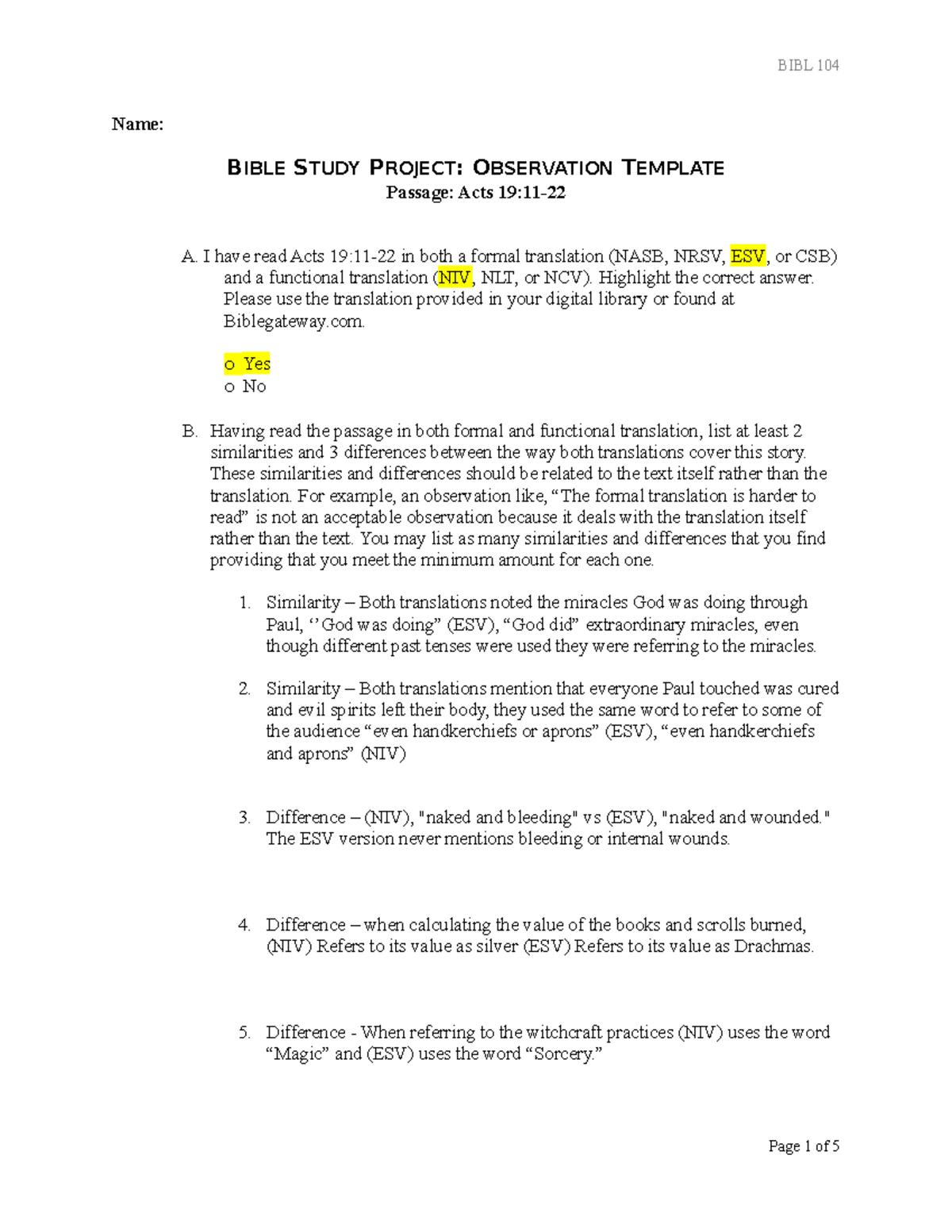 Bible Study Project Observation Acts 19:11-22 - Name: BIBLE STUDY ...