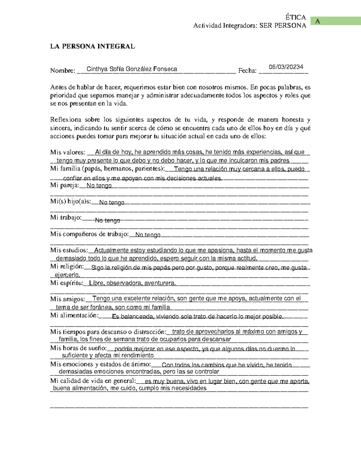 A-Persona integral - A ÉTICA Actividad Integradora: SER PERSONA LA ...