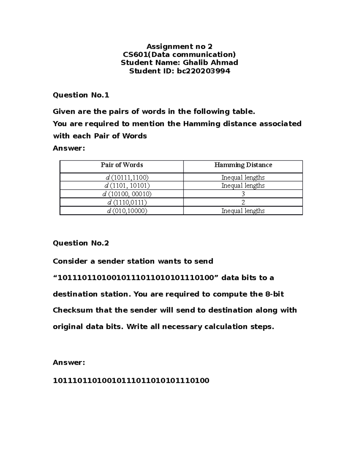 Cs601 - CS601(Data communication)Assignment no 2 Student Name: Ghalib AhmadStudent ID: bc ...