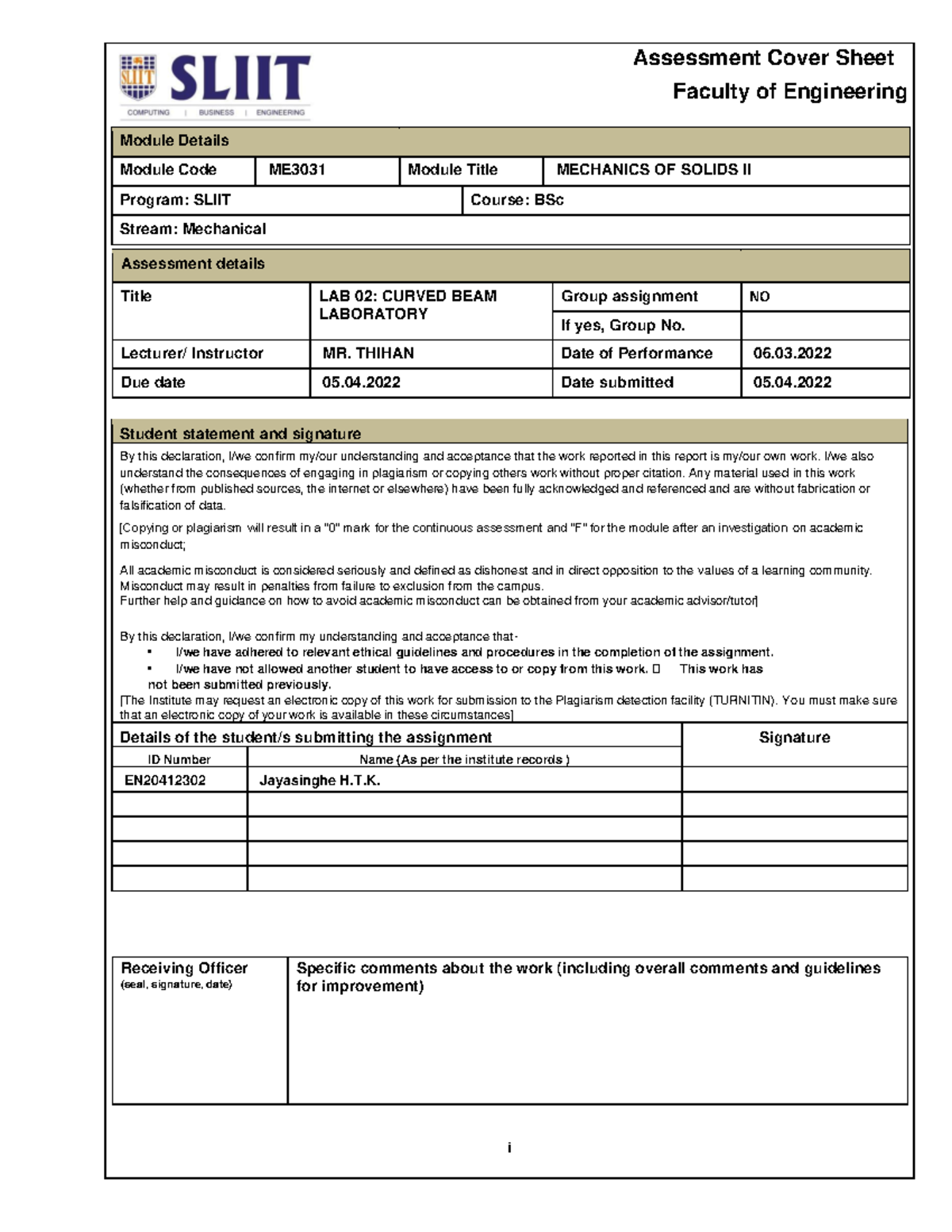 EN20412302 Curved Beam Lab Report - i Assessment Cover Sheet Faculty of ...