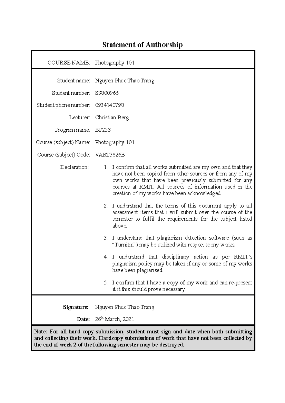 Statement of Authorship - Statement of Authorship COURSE NAME ...