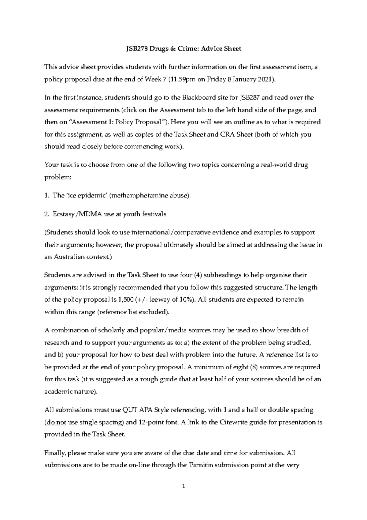 JSB278 Student Advice Sheet - JSB278 Drugs & Crime: Advice Sheet This ...